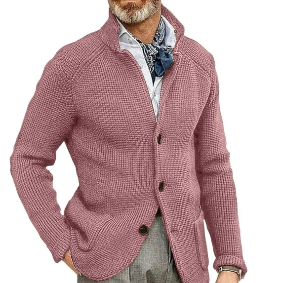 Men's Trendy Solid Color Button-up Stand Collar Long-Sleeve Knitted ...