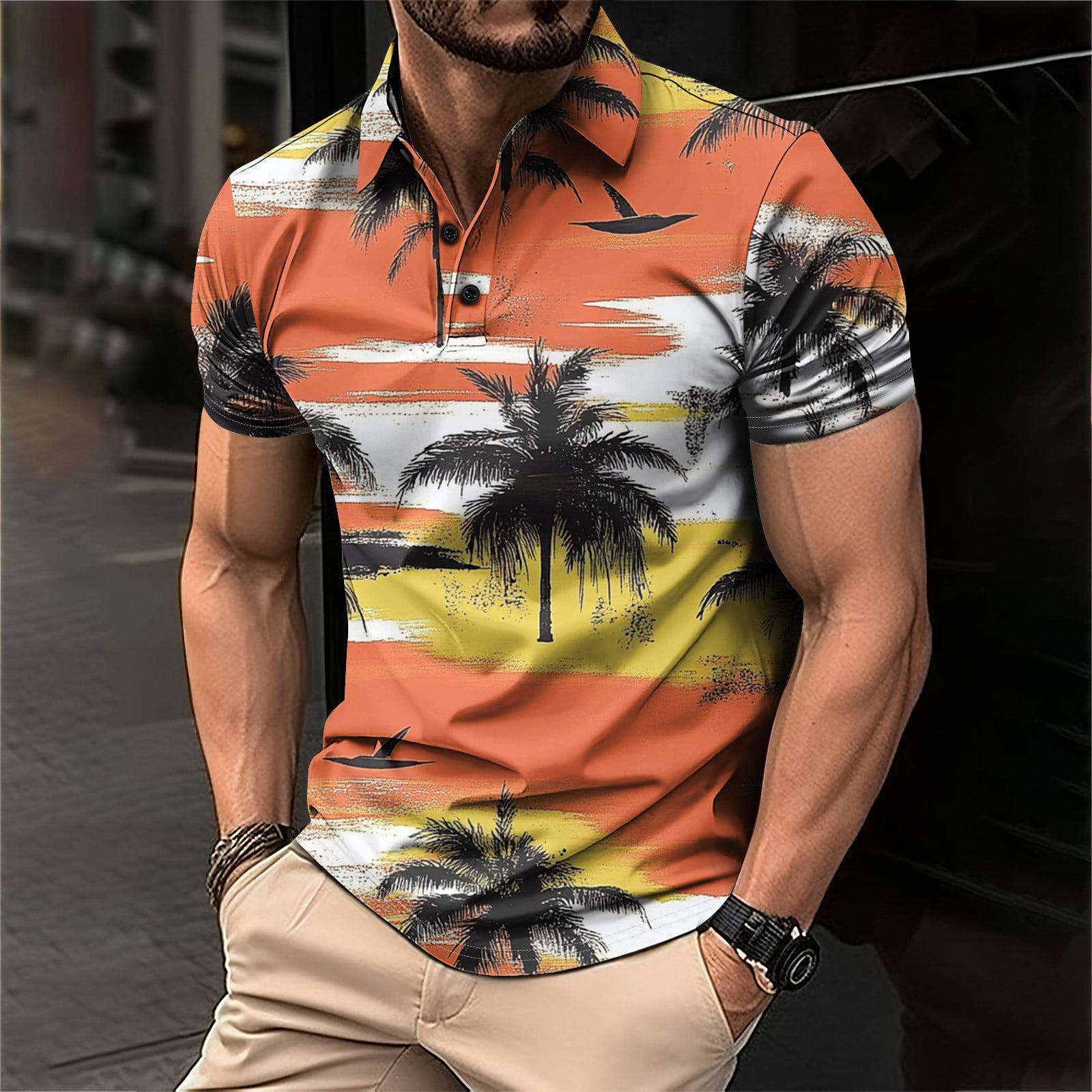 Men's Hawaii Sunset Beach Polo Shirt Casual Short Sleeve Button-Down ...