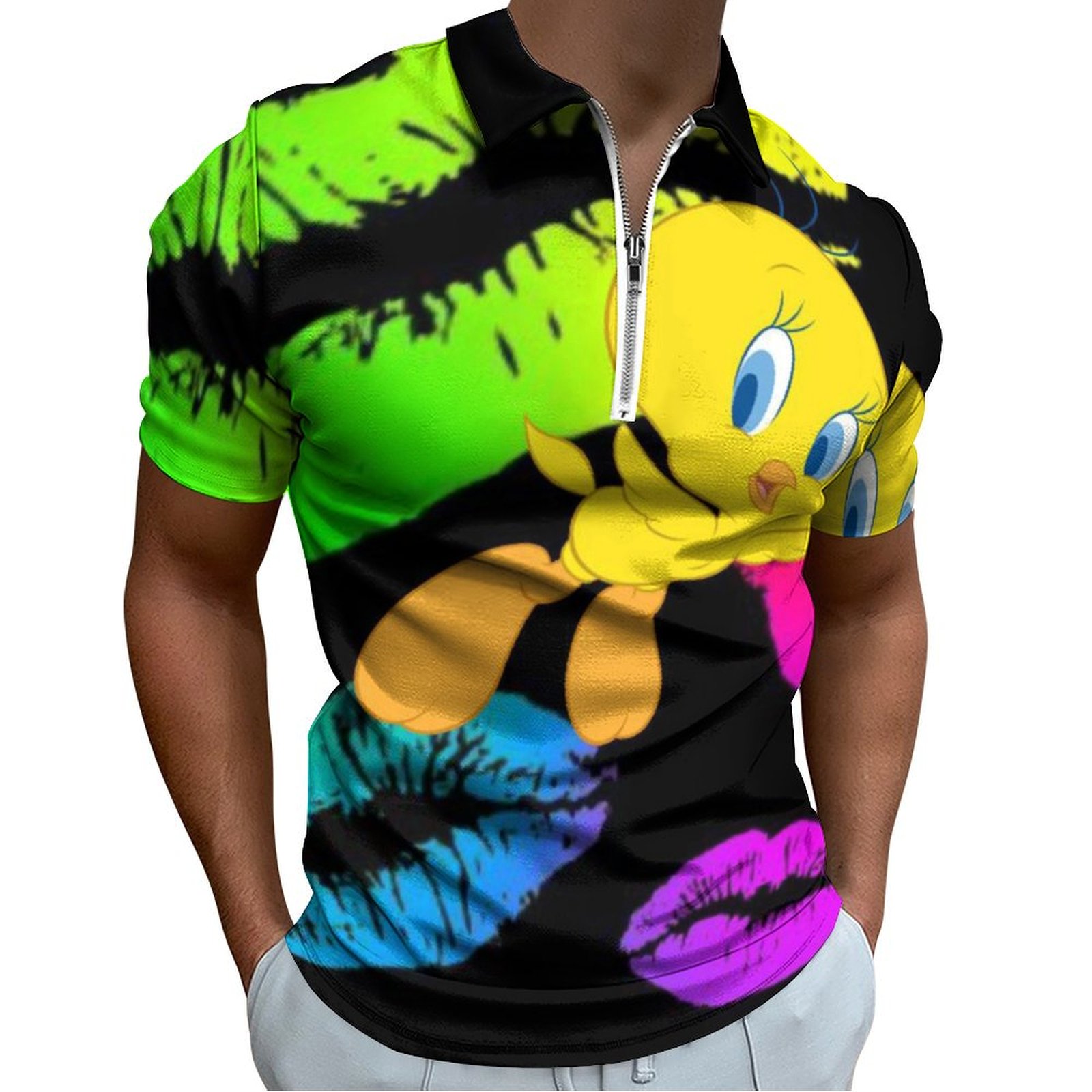 Men's Tweety Bird Zipper Short Sleeve Printed Golf Polo Shirt Tops ...