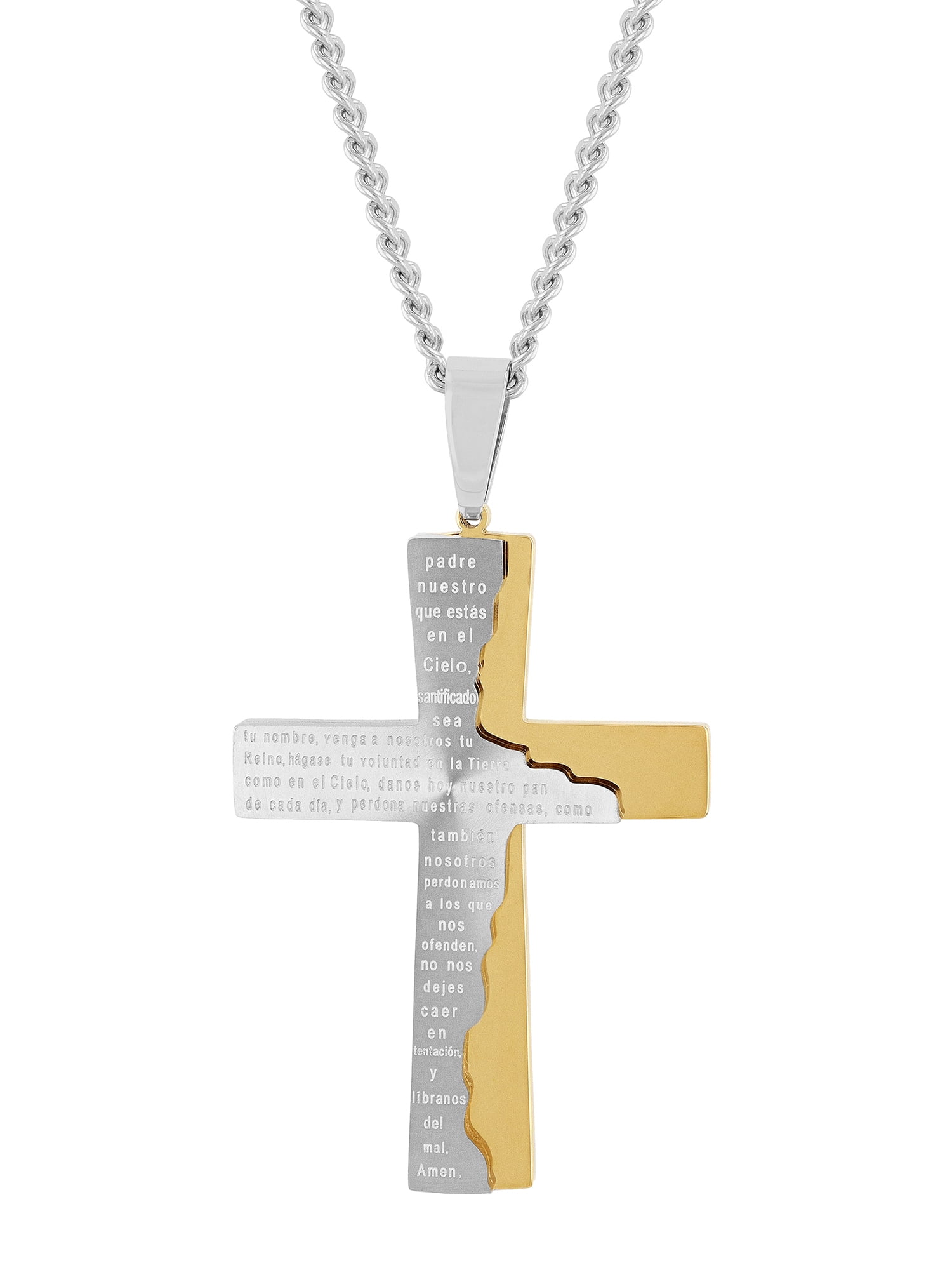 Men’s Two-Tone Stainless Steel Padre Nuestro Cross Tablet Pendant ...