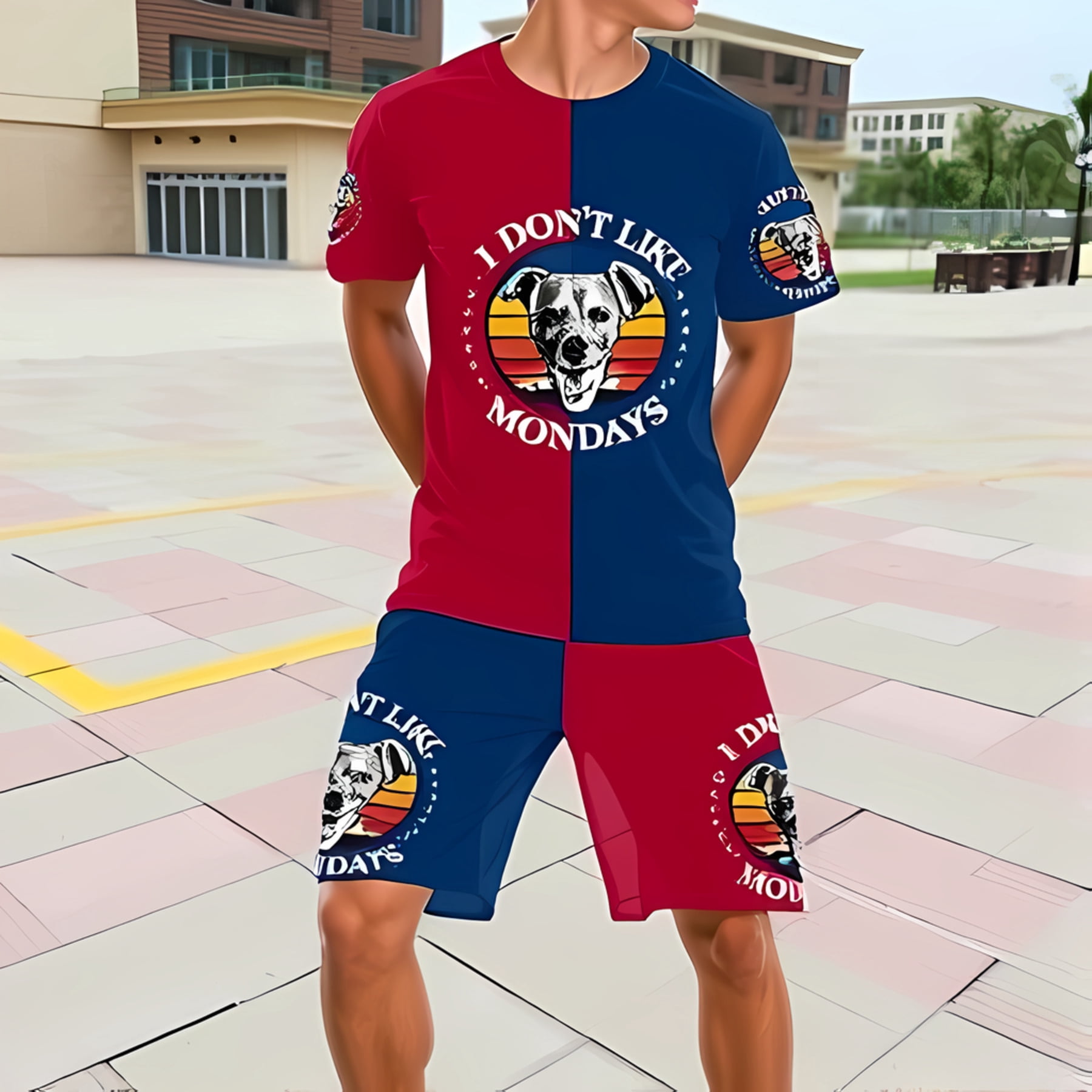 Men's Two - Toned Red and Navy Blue Athletic Set - Graphic Dog & Retro ...