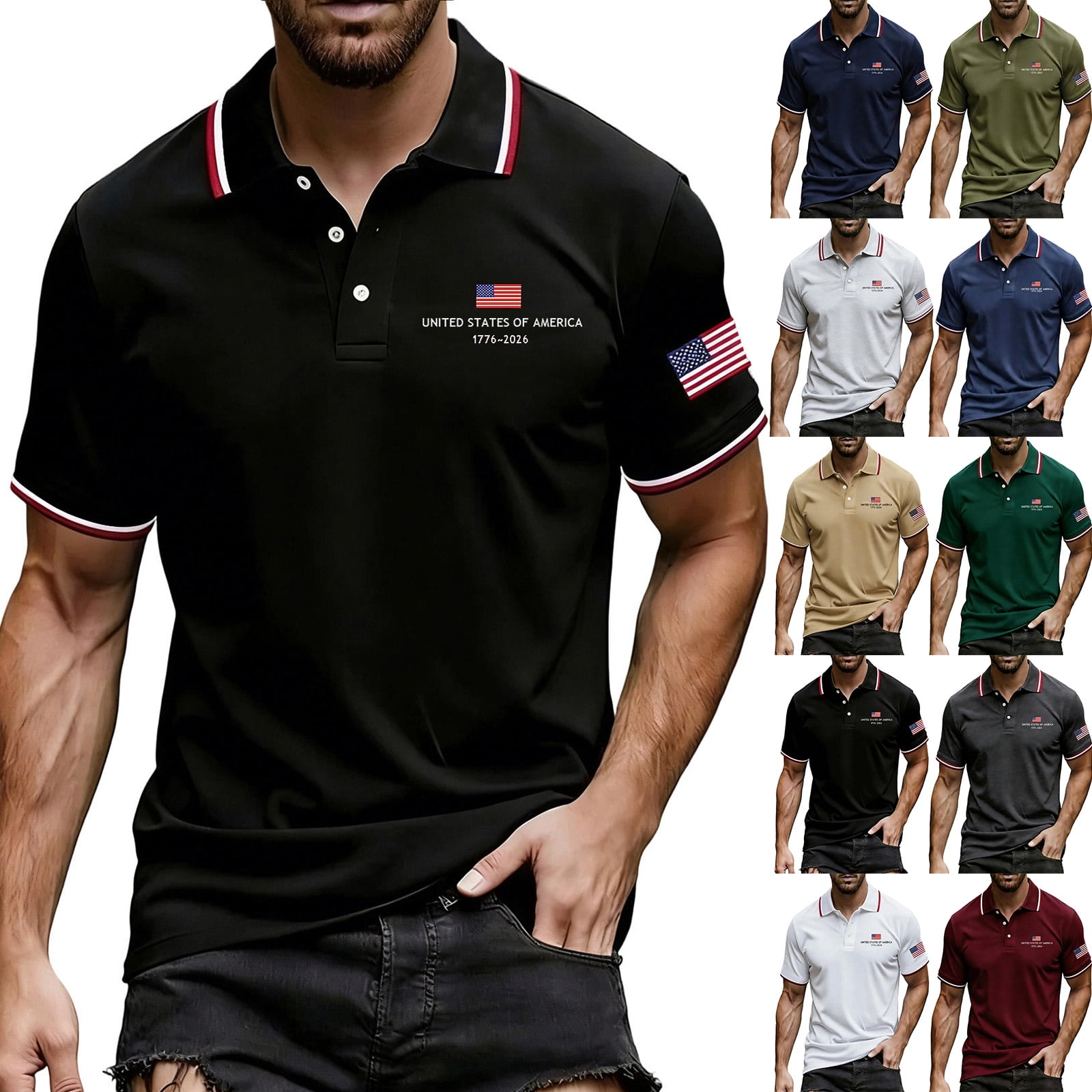 Men's US 250th Anniversary Polo Shirt with 1776-2026 Print and Contrast ...
