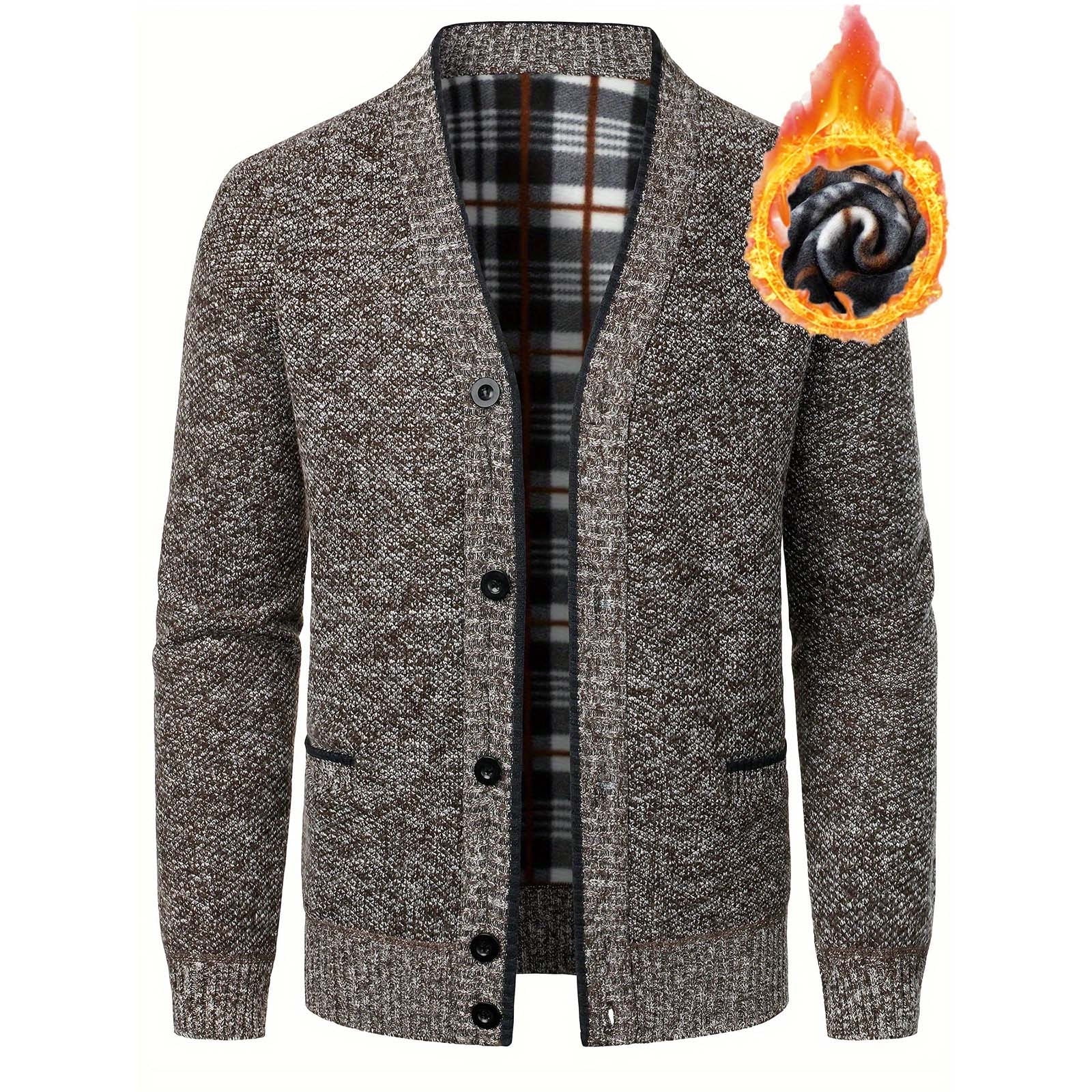 Men's V-Neck Cardigan - Coffee Brown Button Front Sweater with Pockets ...