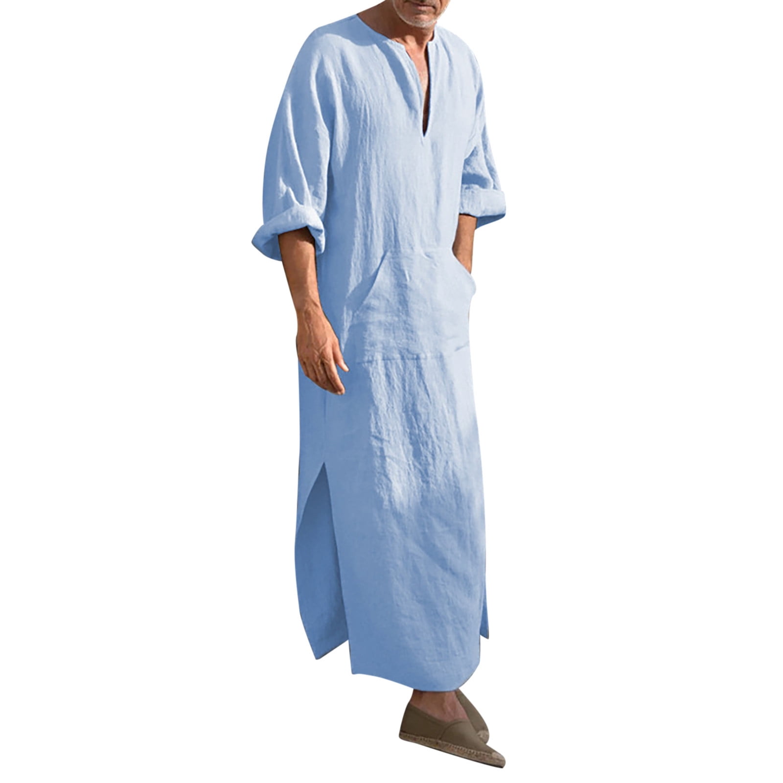 Men's V Neck Linen Long Sleeve Kaftan Thobe - Ankle-Length Gown with ...