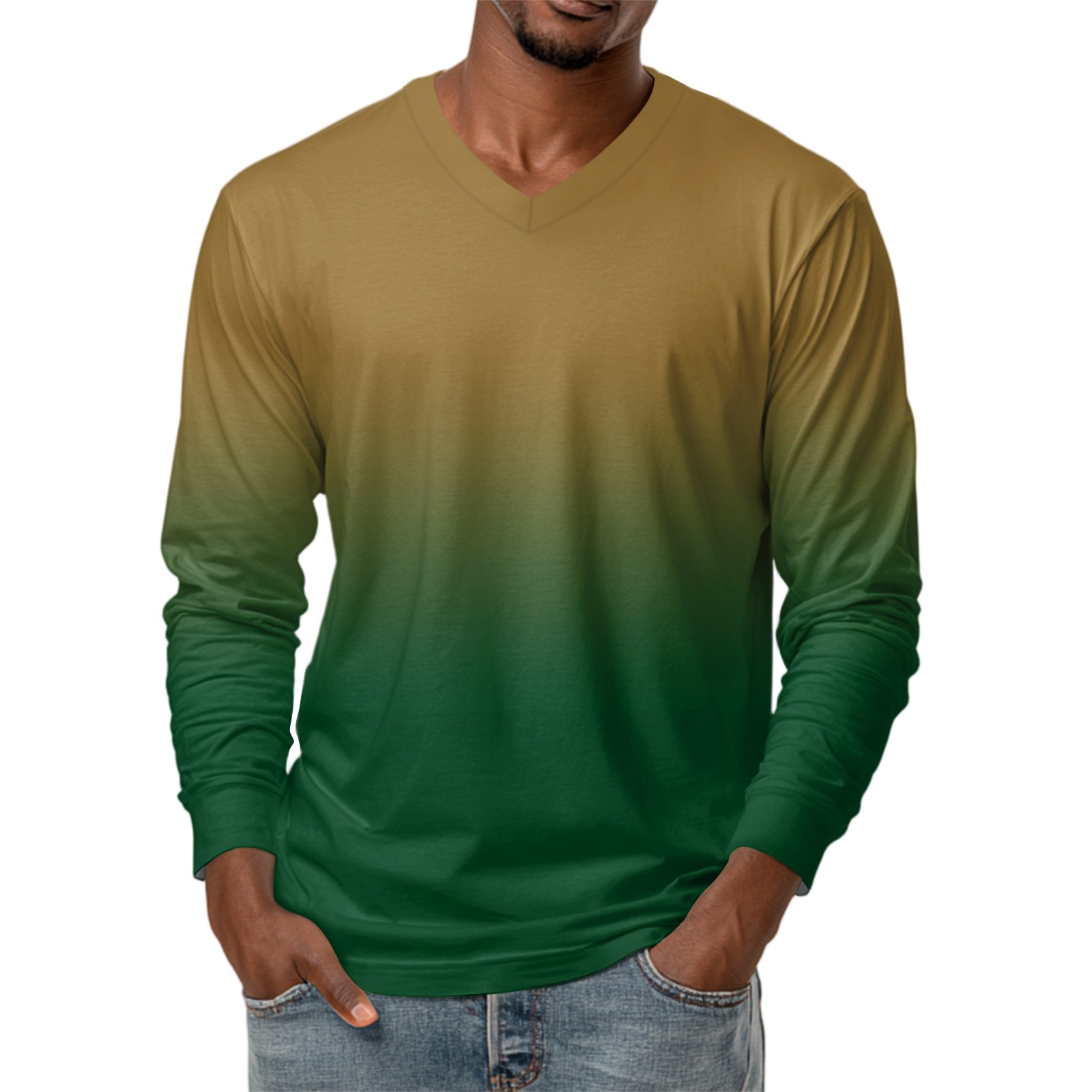 Men's V-Neck Ombre Fade Print Long Sleeve T-Shirt Casual Color Gradient ...