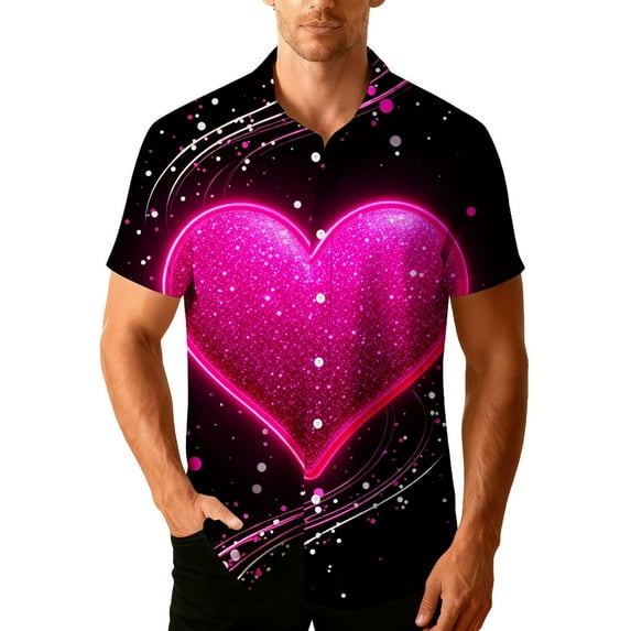 Men's Valentine's Day Button Down Shirt Heart Printed Short Sleeve ...