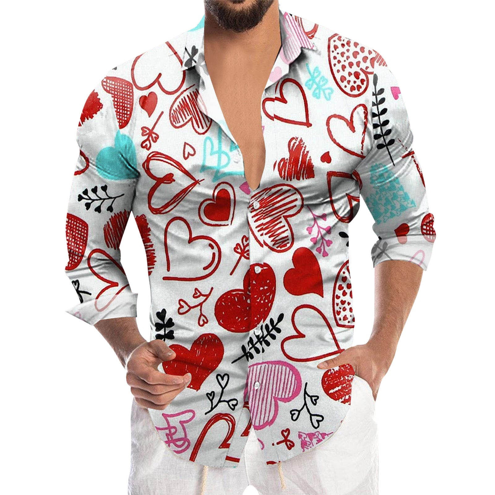 Men's Valentines Day Shirt Heart Love Print Button Down Collared Short ...