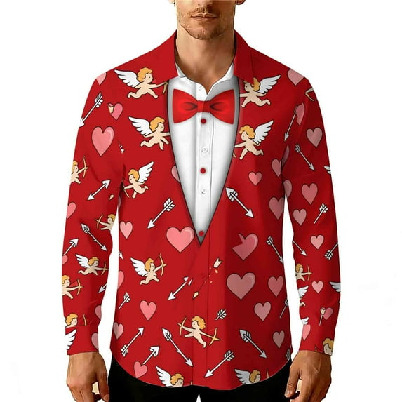 Men's Valentines Day Shirts Ugly Graphic Printed Long Sleeve Lapel ...