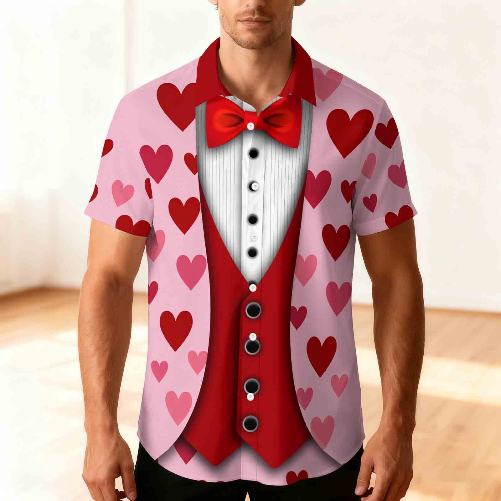 Men's Valentines Day T Shirts Oversized Lapel Funny 3D Printed Button ...