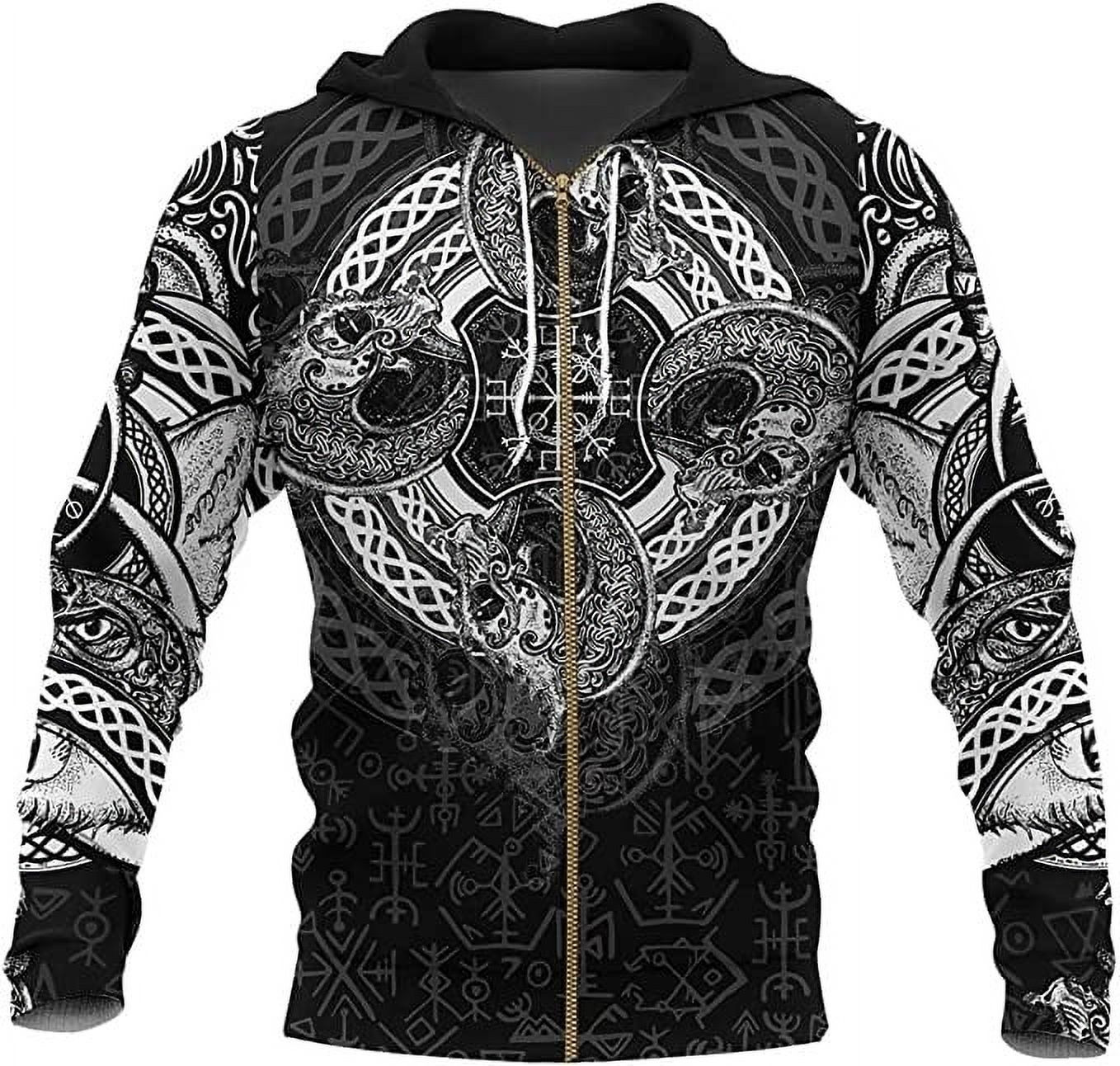 Men's Vegvisir Awe Helmet Rune Tattoo Full Zip Hoodie, Norse Mythology ...