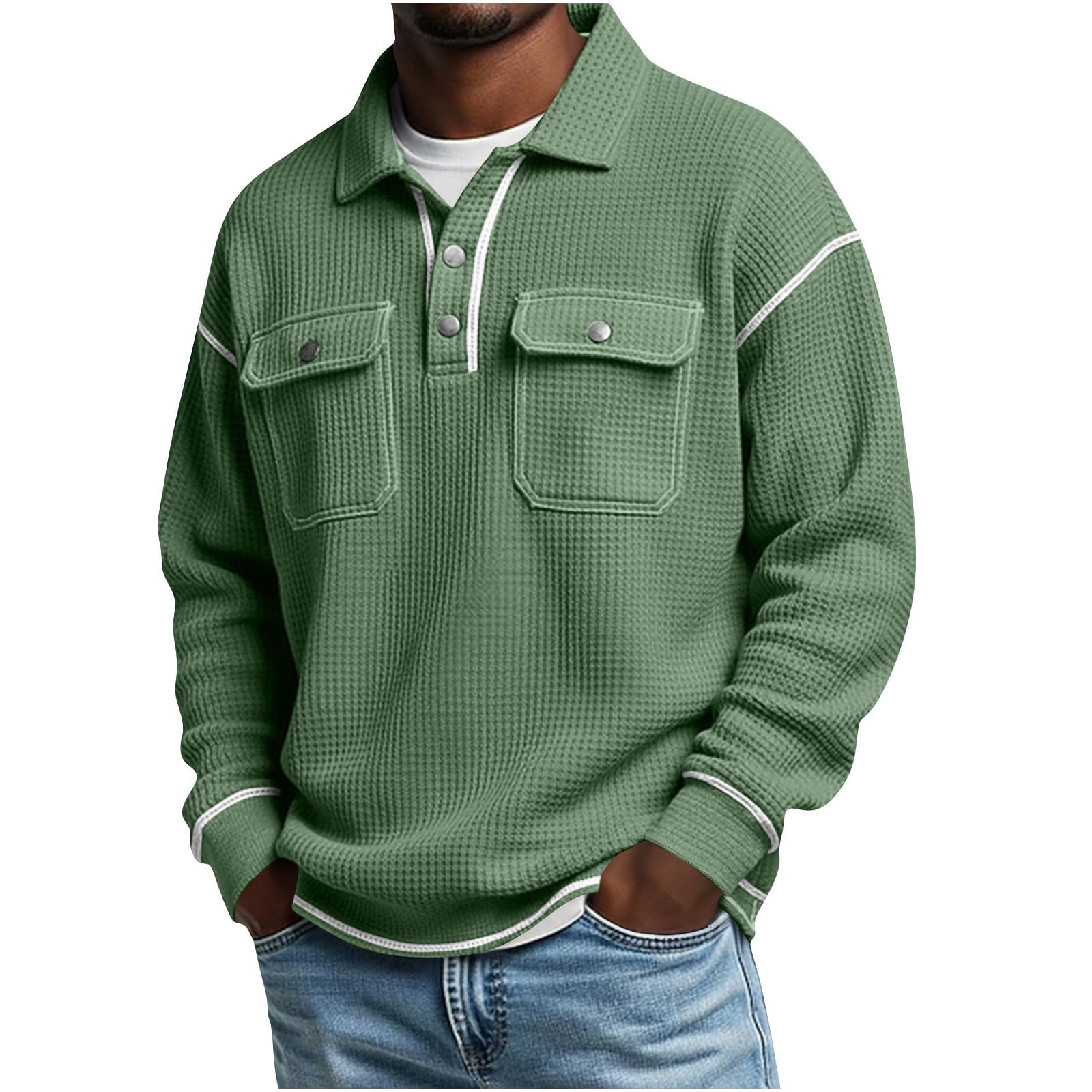 Men's Versatile Smart Casual Tops Solid Waffle Knit Shirts Long Sleeve ...