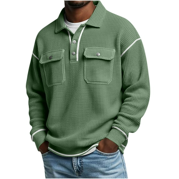 Men's Versatile Smart Casual Tops Solid Waffle Knit Shirts Long Sleeve ...