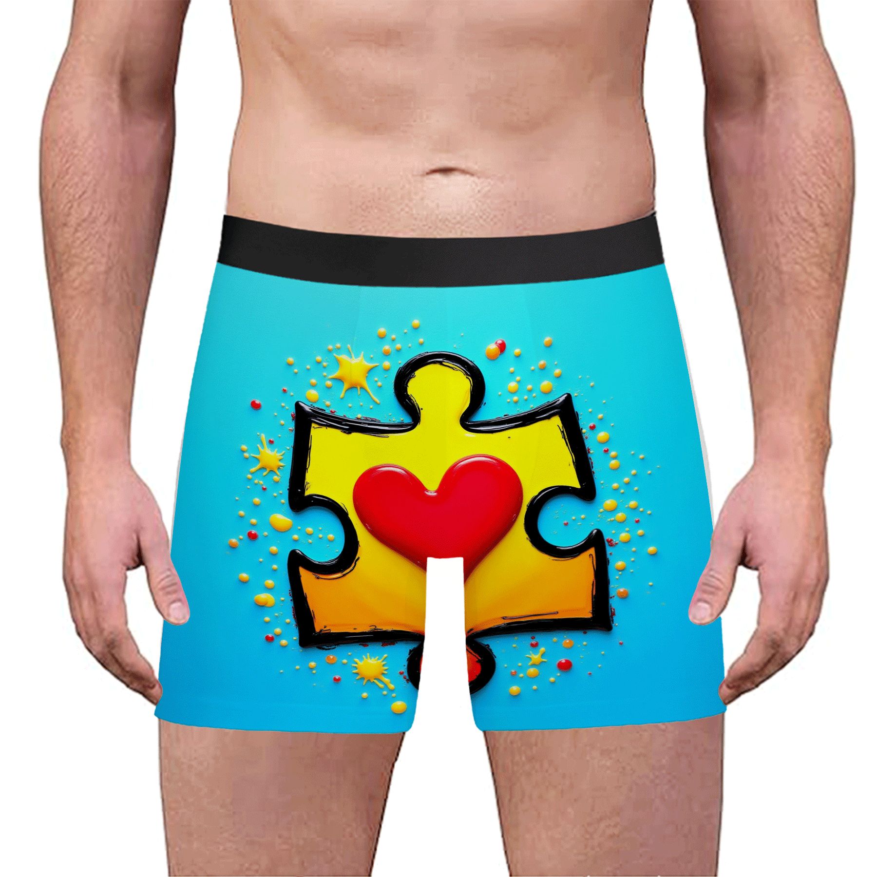 Men's Vibrant Blue Boxer Briefs with Heart Puzzle Piece Design Yellow ...