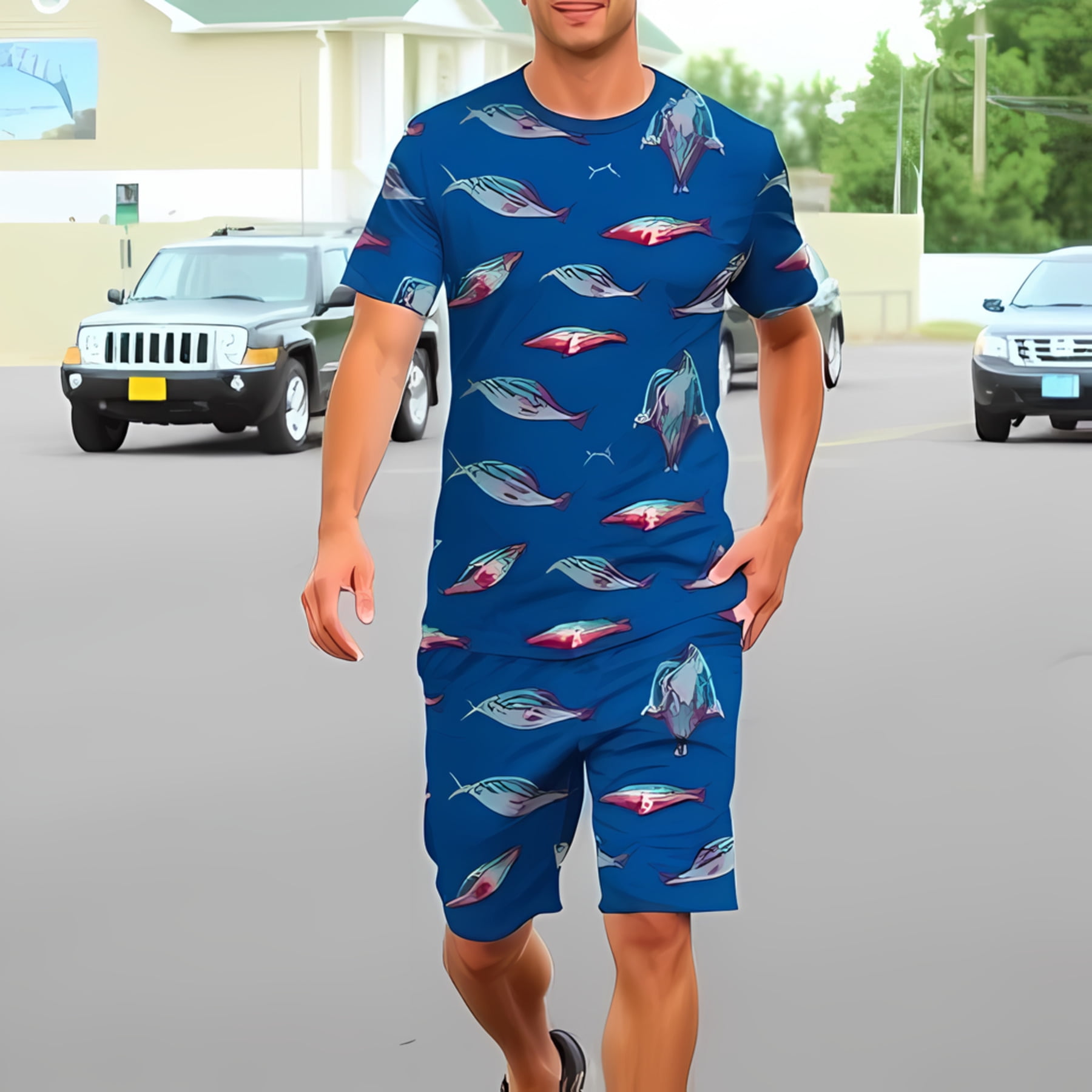 Men's Vibrant Blue Fish Pattern Short - Sleeved Shirt and Shorts Set ...