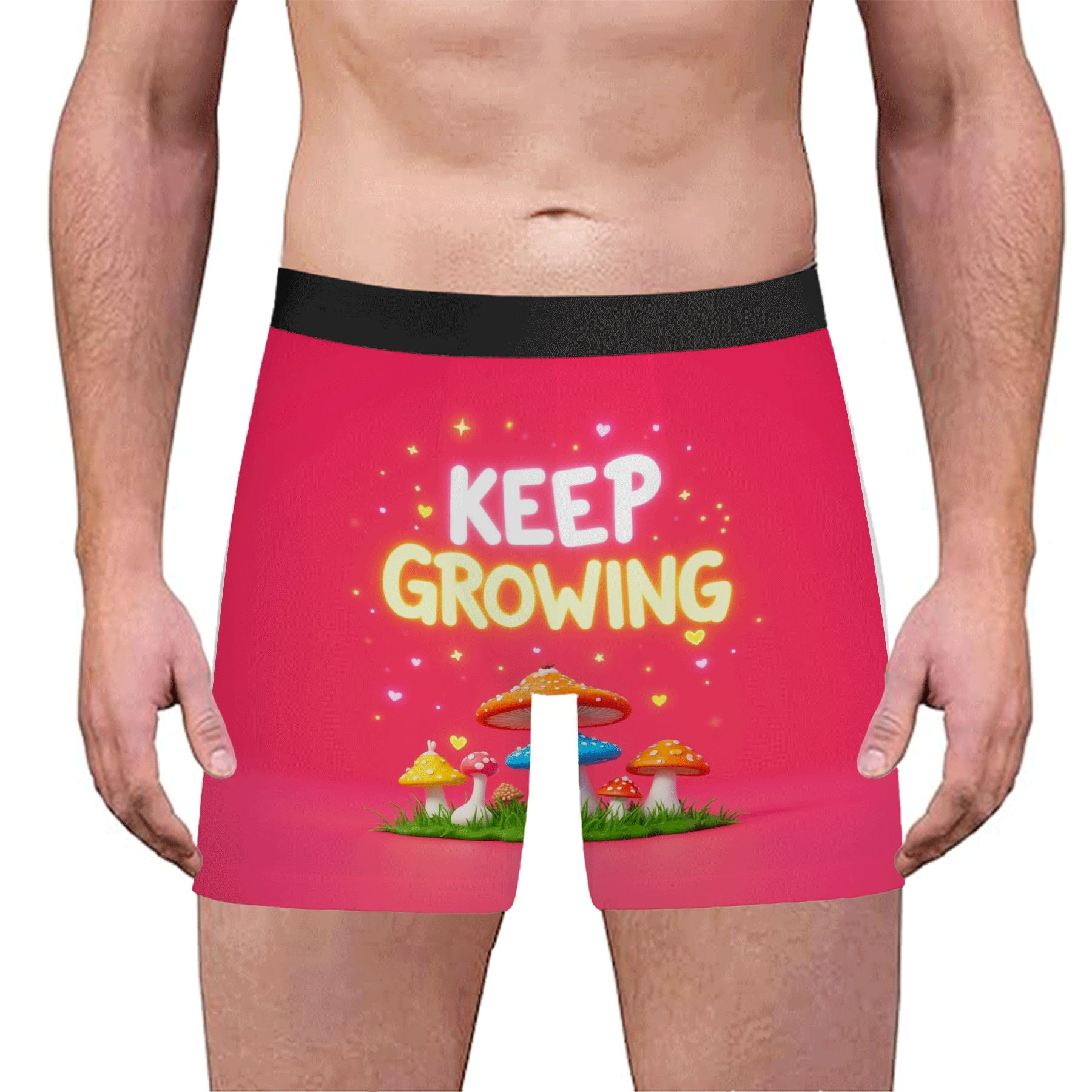 Men's Vibrant Pink Boxer Briefs with Colorful Mushroom Design & Glowing ...