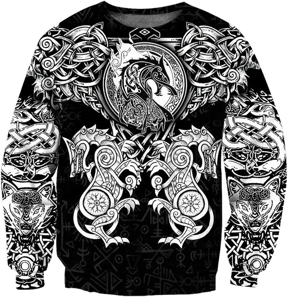 Men's Viking Dragon Rune Cross Tattoo Full Zip Hoodie, Norse Mythology 3D Print Long Sleeve ...