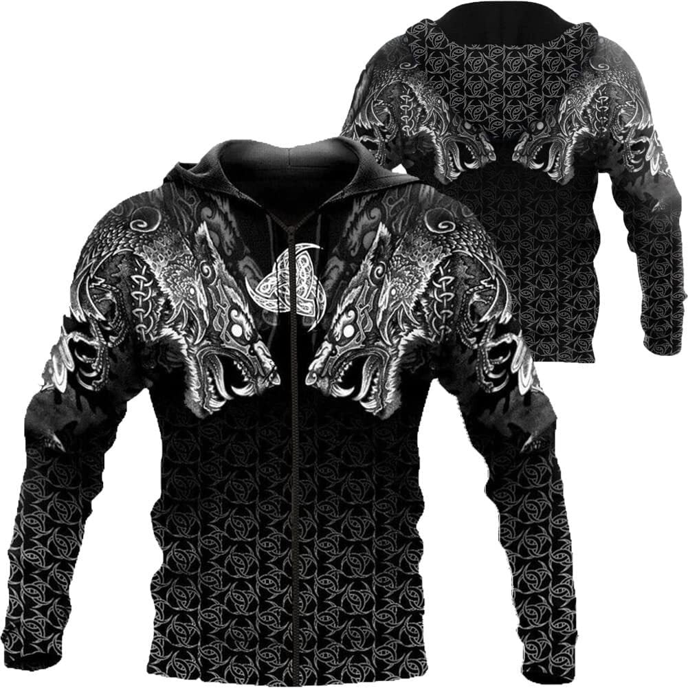 Men's Viking Sweatshirt Hoodie,Norse Fenrir Wolf Drachen Tattoo 3D Print Harajuku Casual ...