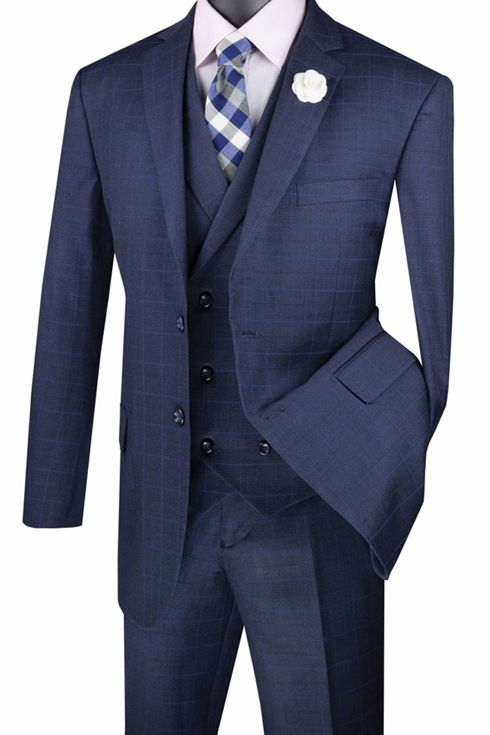 Men's Vinci Suits Blue Plaid Double Breasted Vest Suit Size 52 Long ...