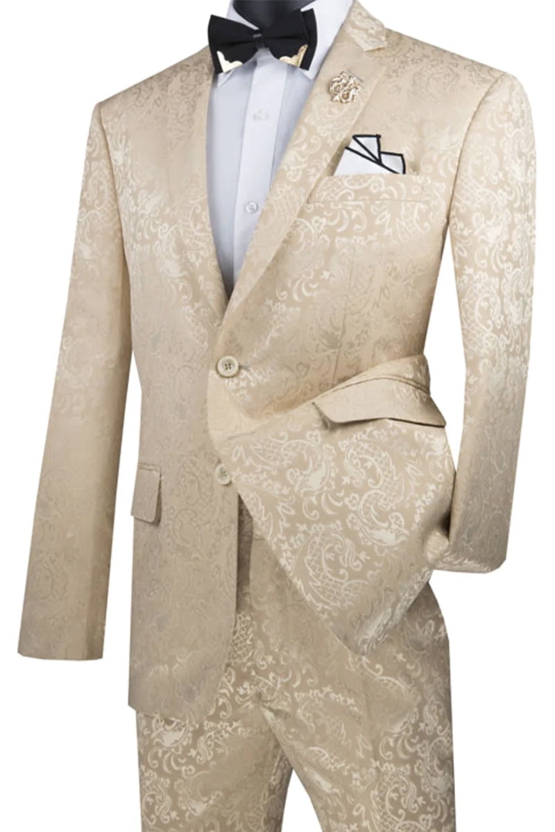 Men's Vinci Suits Slim Fit Shiny Paisley Suit Beige Size 42 Long ...