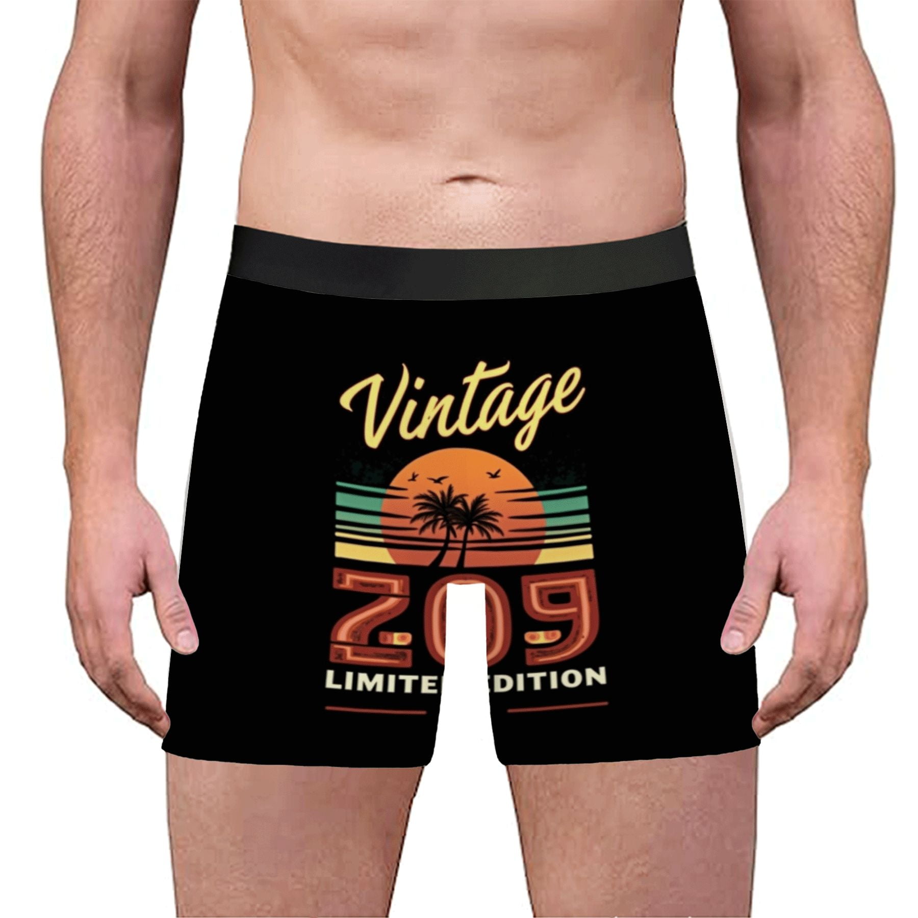 Men's Vintage Boxer Briefs - Black with Retro Sun Palm Trees & Stripes ...