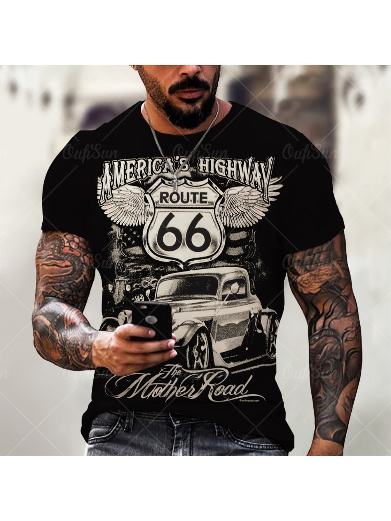 Men's Vintage Car Graphic Tee - "Route 66" & "The Mother Road" Design ...