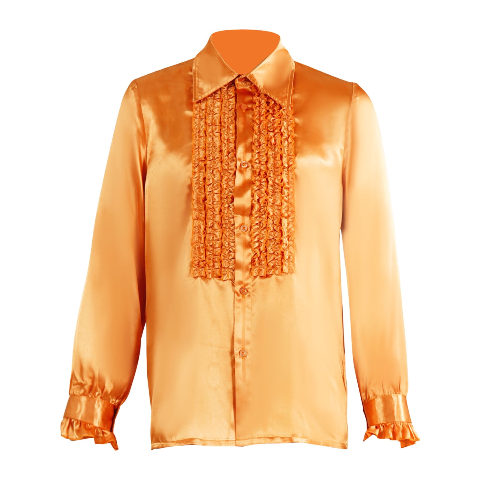 Men's Vintage Dress Shirt Solid Long Sleeve Satin Silk Ruffle Chest Stand Collar Button Down ...