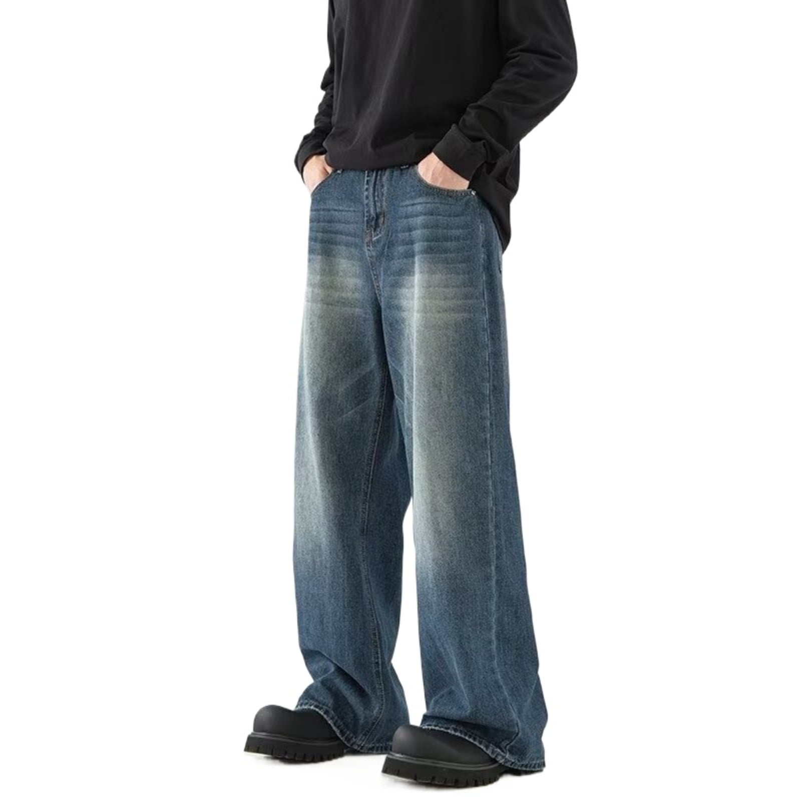 Men’s Vintage Loose Fit Straight-Leg Denim Jeans, Washed Distressed ...