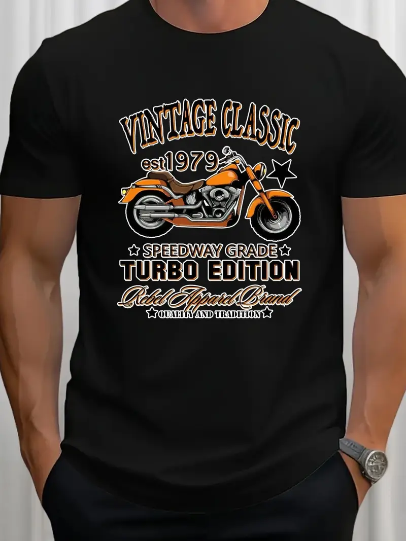 Men's Vintage Motorcycle Graphic T-Shirt - Casual Black Cotton Tee with ...
