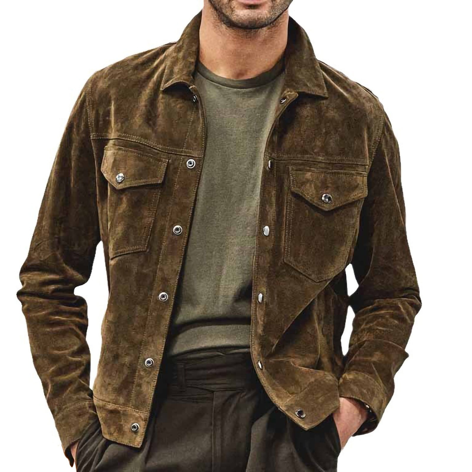 Men's Vintage Suede Jacket - Button Down Lapel Collar Long Slveeve ...