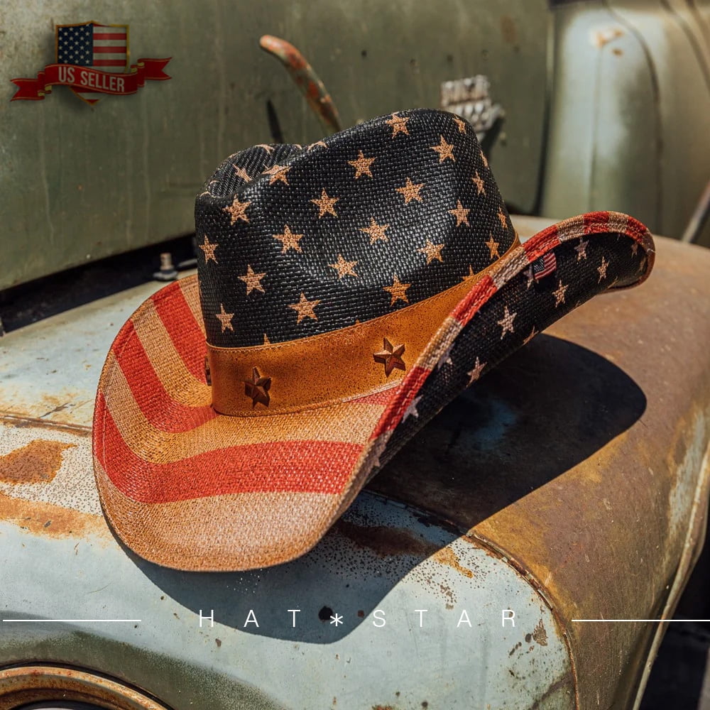 Men's Vintage Tea-Stained USA American Flag Shape-It Brim Cowboy Hat w ...