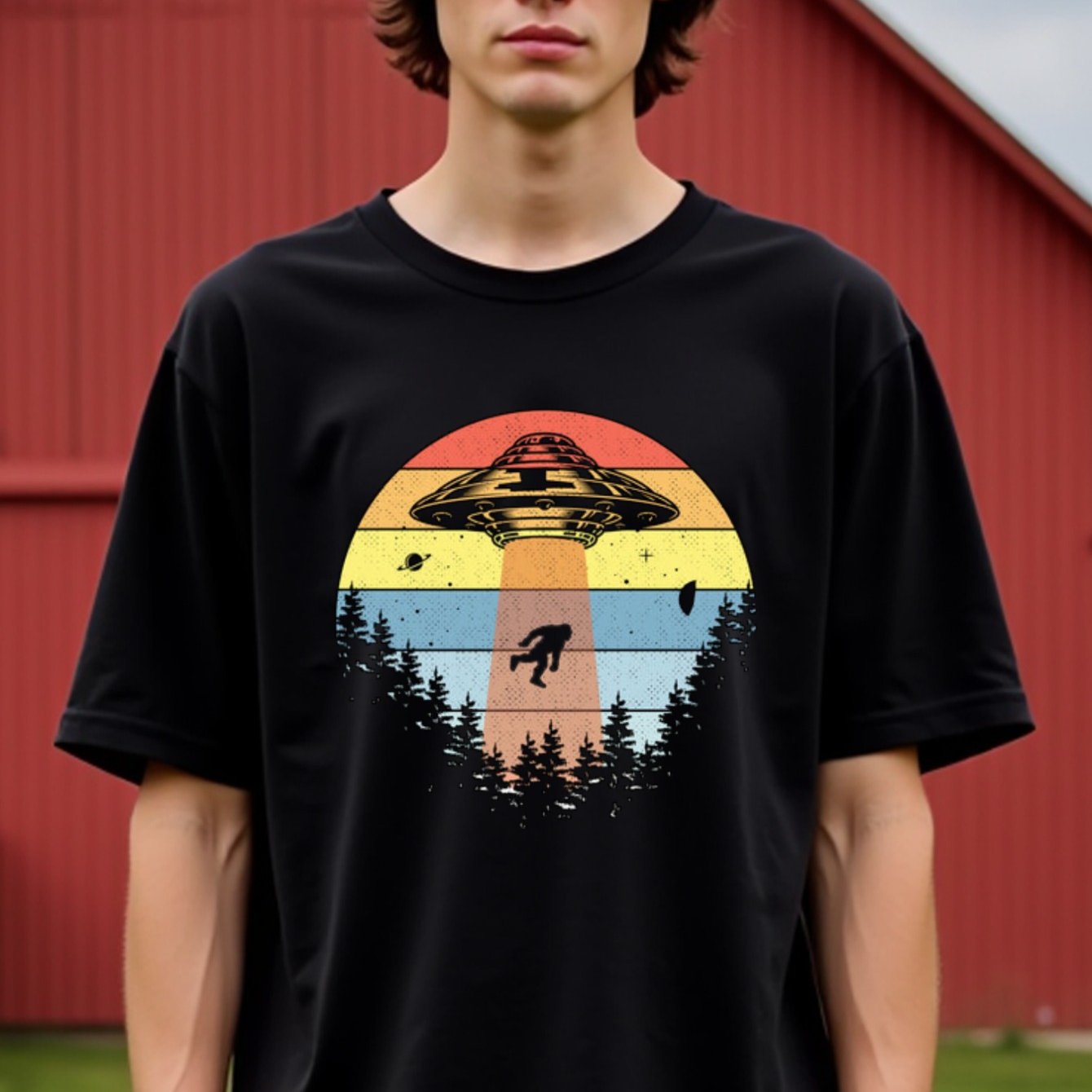 Men's Vintage UFO Abduction Retro-Futuristic Graphic Tee - Black UFO ...