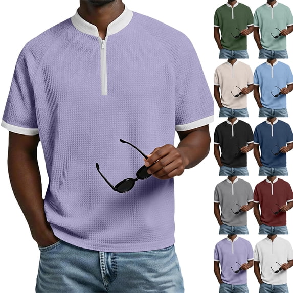 Men's Waffle Henley Shirts 2026 Summer Quarter Zip Short Sleeve Casual ...