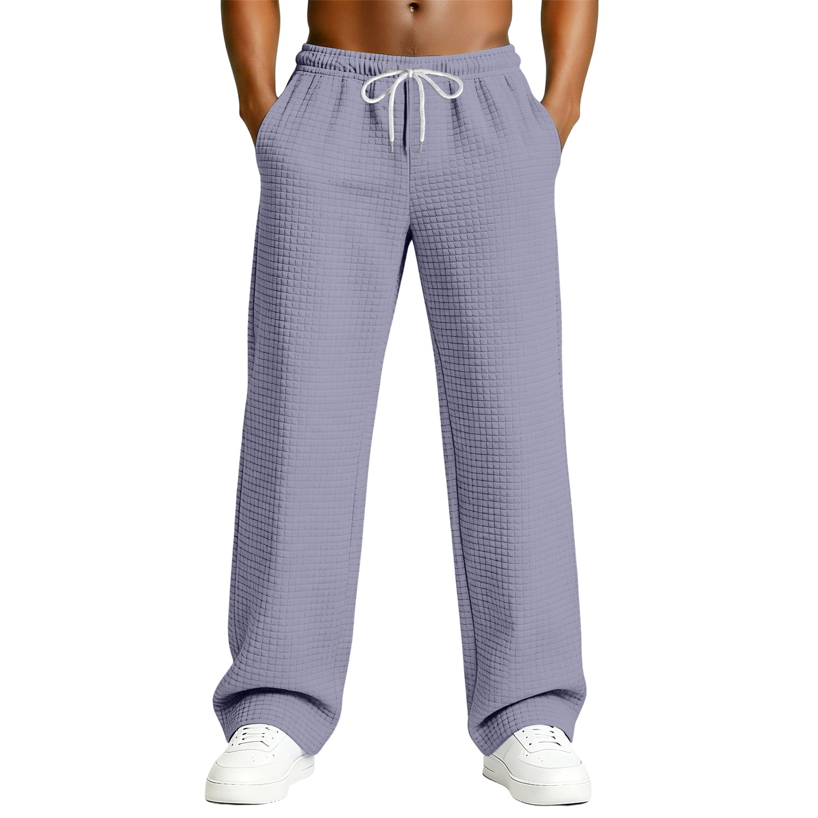 Men's Waffle Knit Pants Wide Leg Baggy Sweatpants Casual Drawstring ...