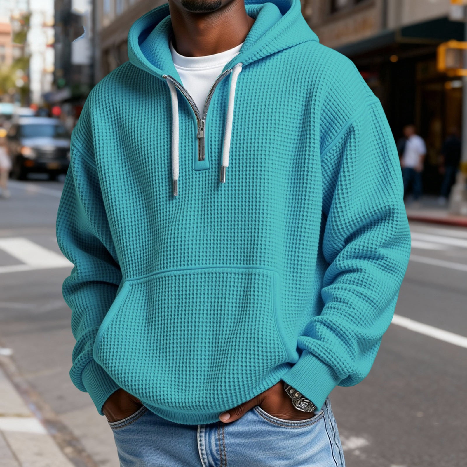 Men's Waffle Knit Quarter Zip Hooded Sweatshirt - Casual Solid Color ...