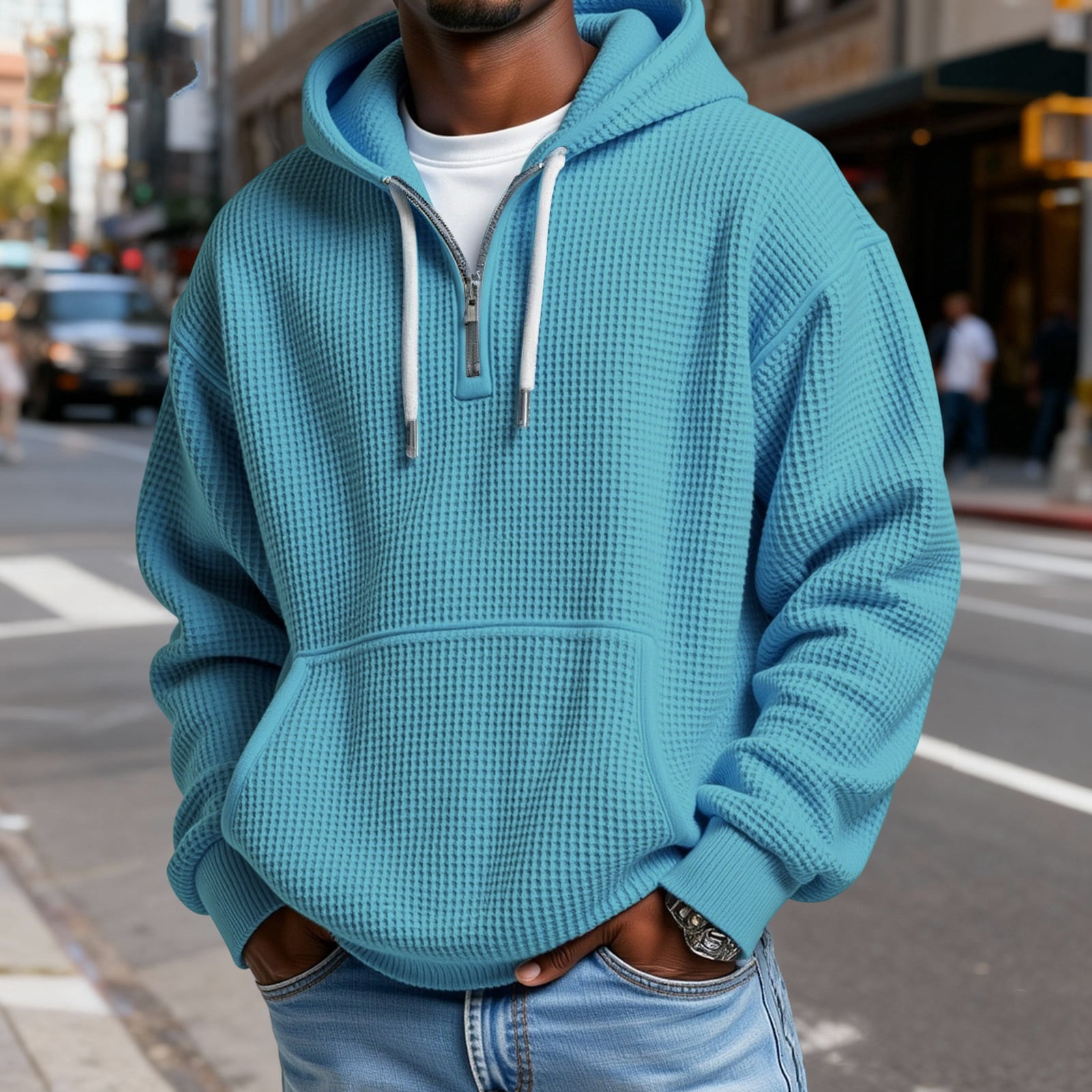 Men's Waffle Knit Quarter Zip Hooded Sweatshirt - Casual Solid Color ...