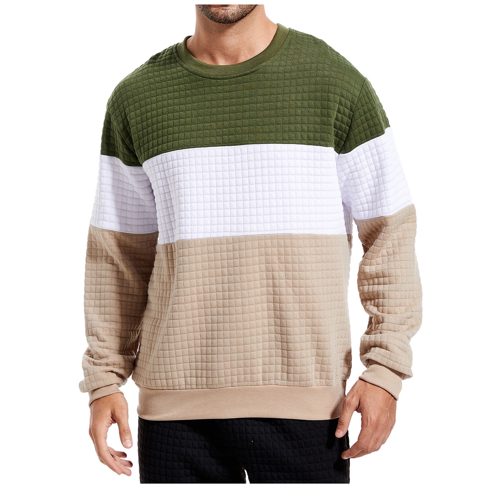 Men's Waffle Knitted Hoodie Casual Loose Color Block Print Hooded ...