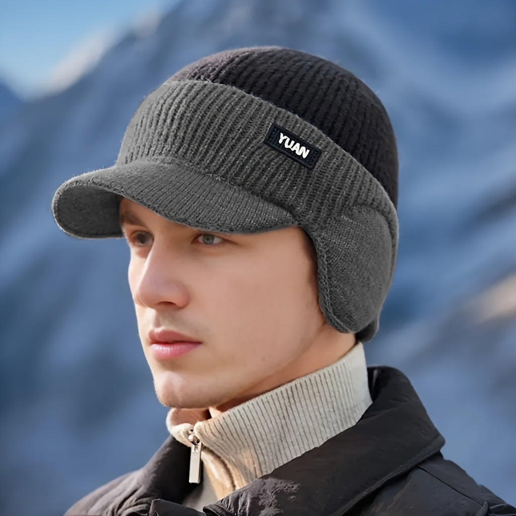 Men's Warm Knitted Hat - Fleece-Lined Winter Headgear with Adjustable ...