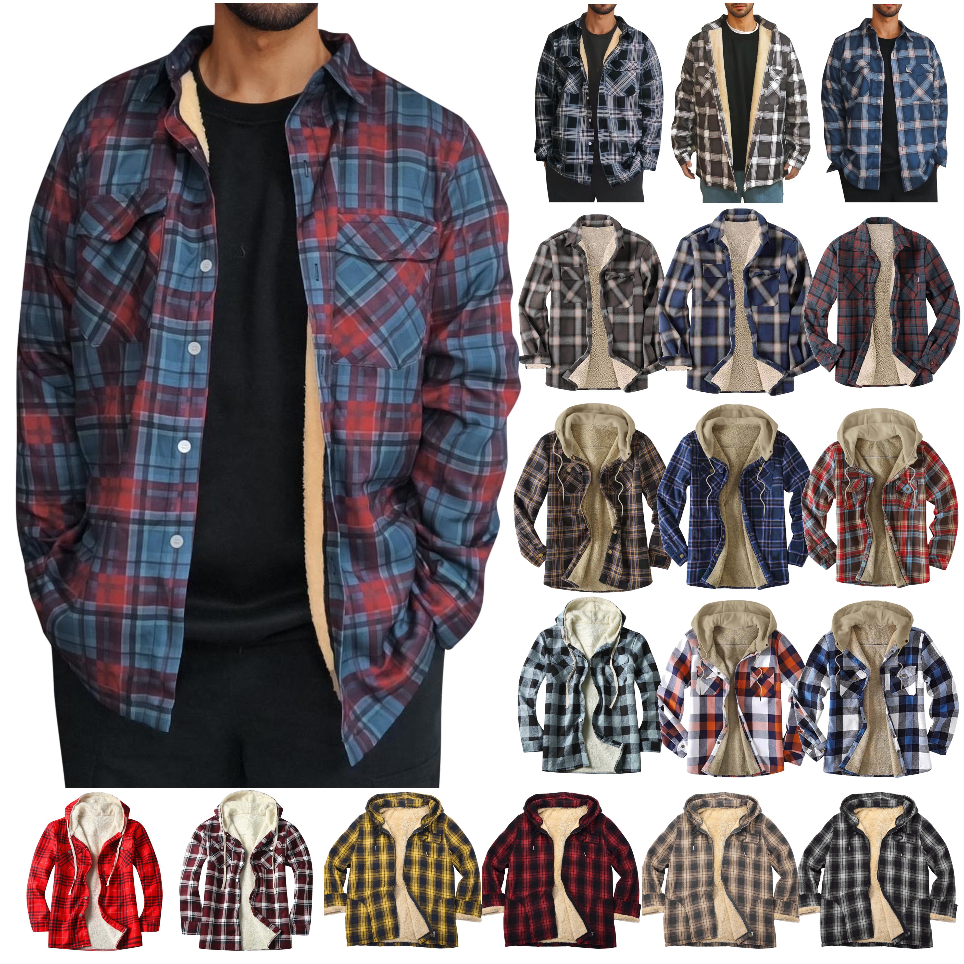 Men's Warm Plaid Jacket Sherpa Lined Hooded Flannel Shirt Jackets Long ...