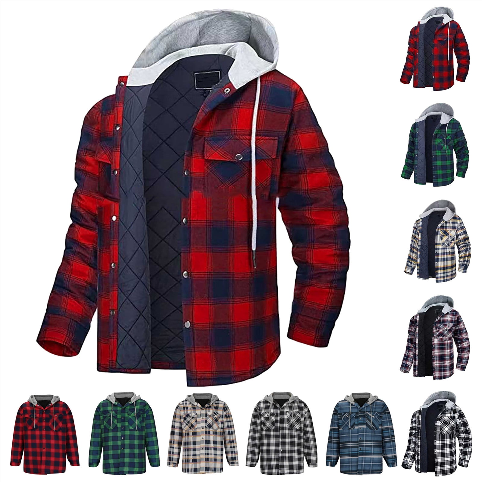 BiZtdJrK Men's Warm Quilted Lined Shacket Jacket Fashion Plaid Long ...