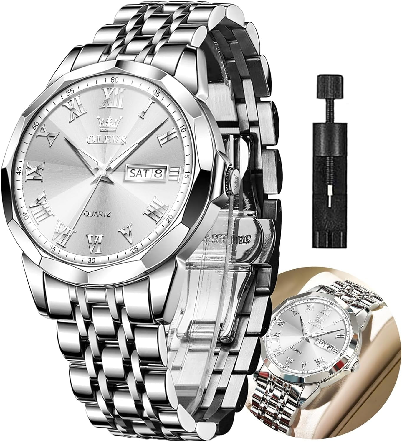 Men's Watch,Classic Silver Watches for Men, Waterproof Stainless Steel ...