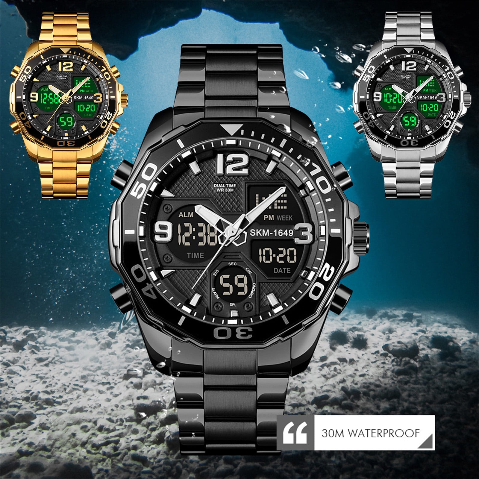 Men's Watch - Stainless Steel Sports Chronograph, Digital Display ...