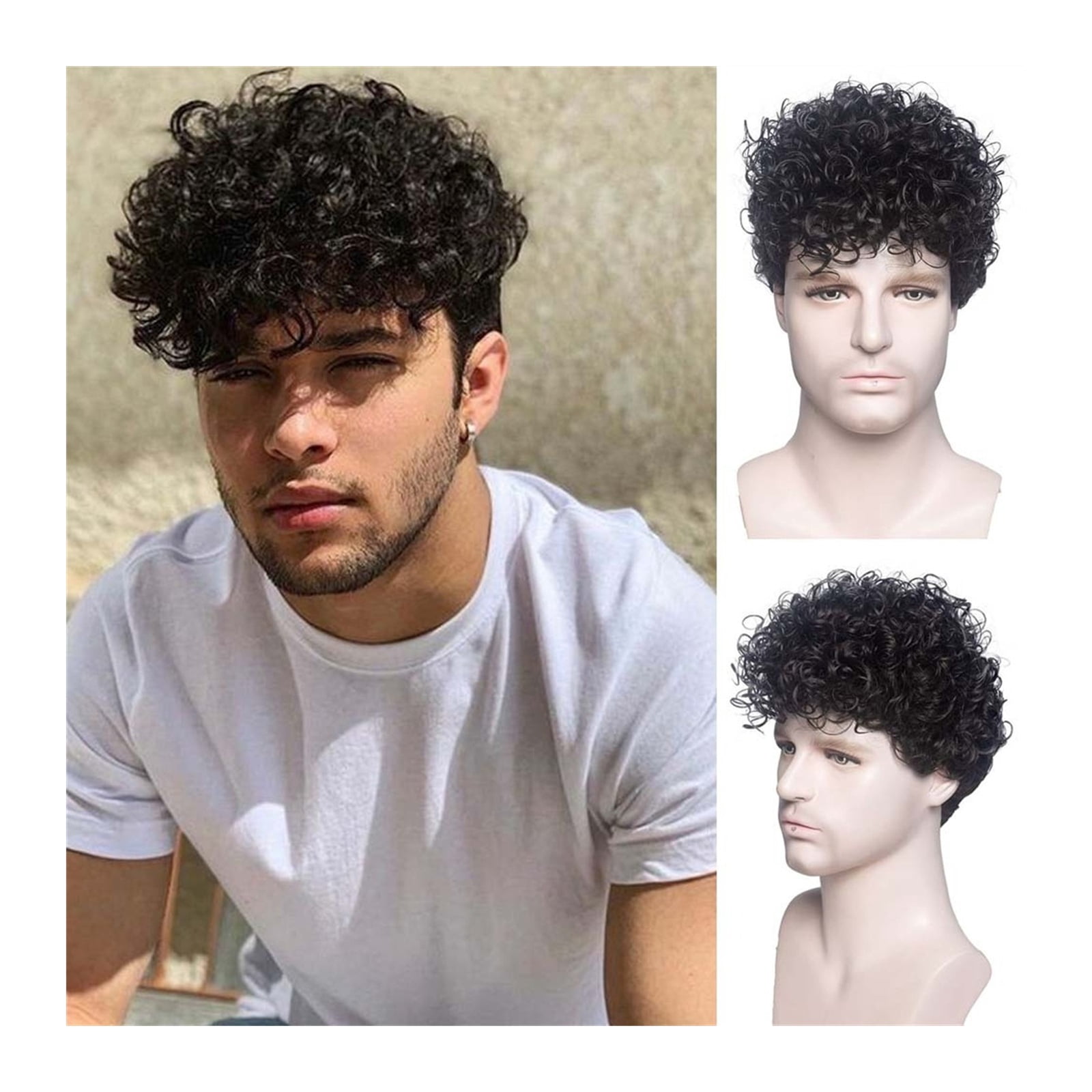 Men's Wave Curly Wig Short Black Hair Wig Natural Breathable High ...