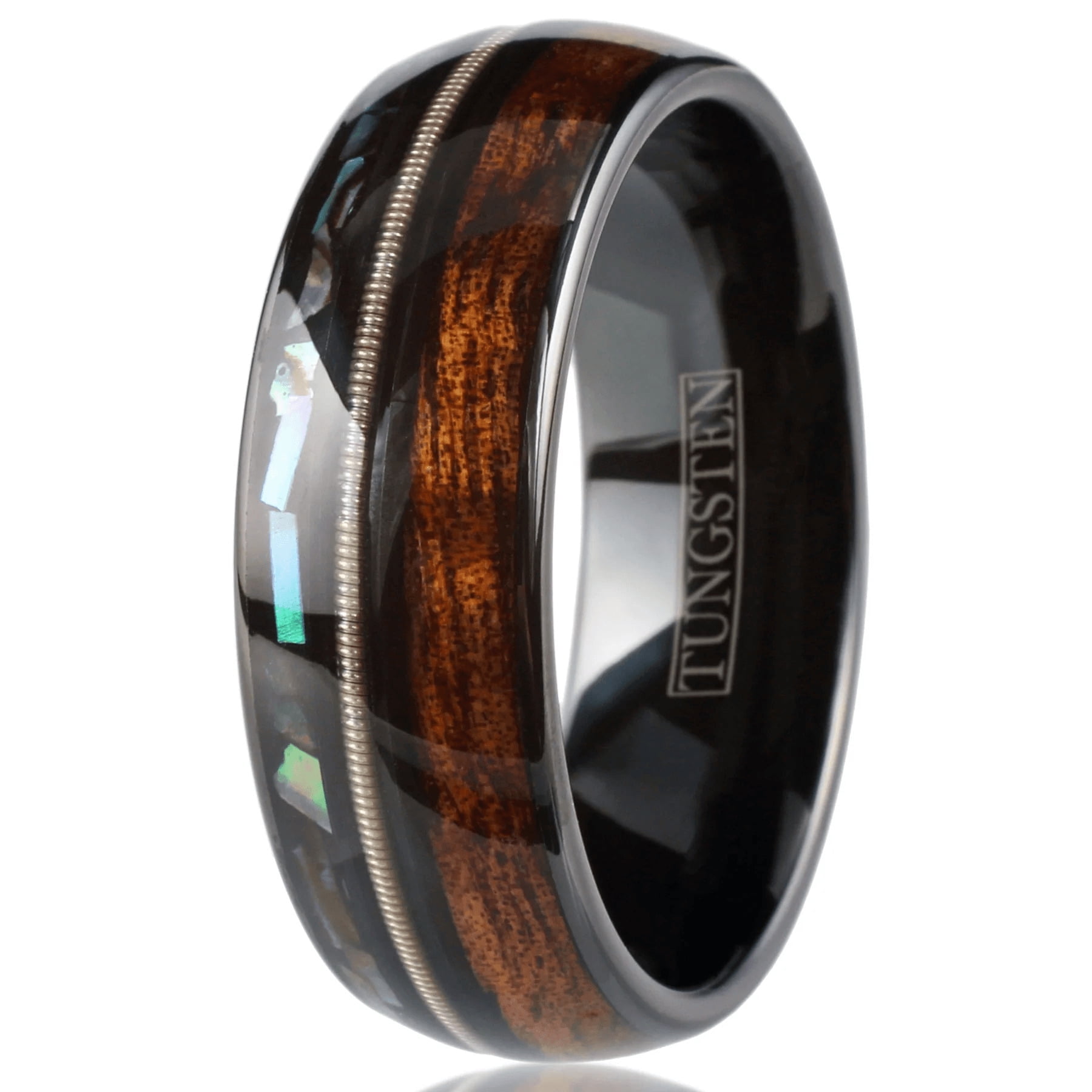 Men's Wedding Band Ring - Black Koa Wood Abalone Guitar String ...
