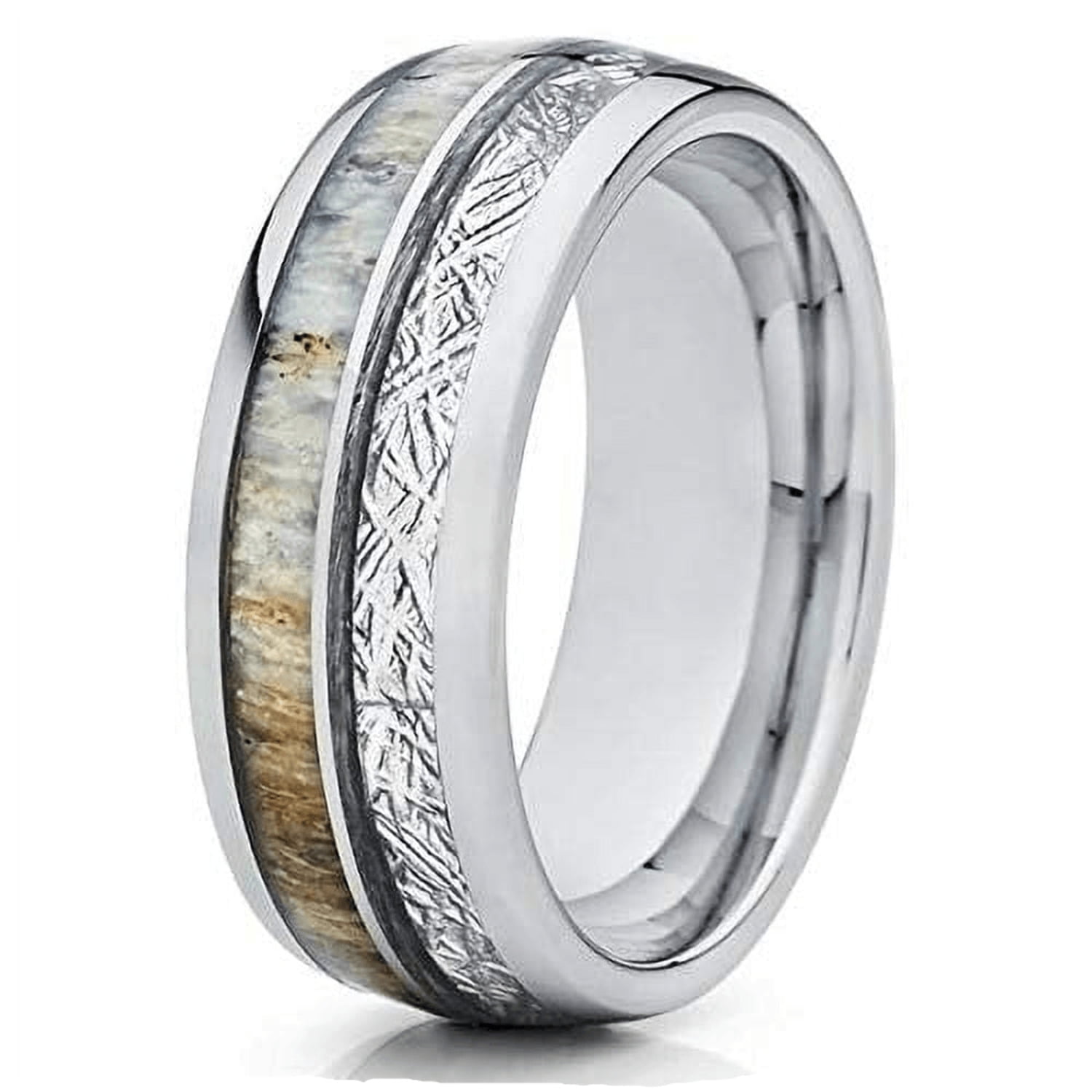 Men's Wedding Band Ring - Silver Tungsten Deer Antler White Meteorite ...