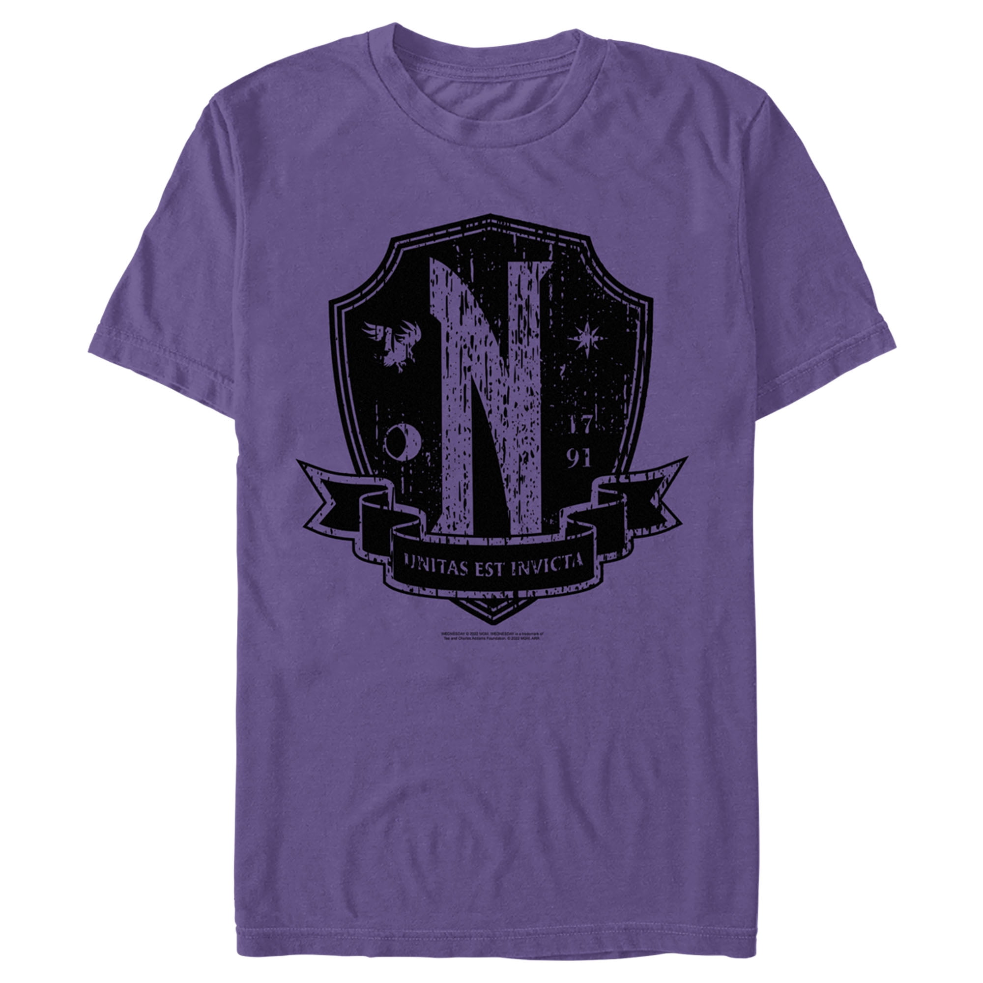 Men's Wednesday Nevermore Academy Distressed Emblem Graphic Tee Purple ...