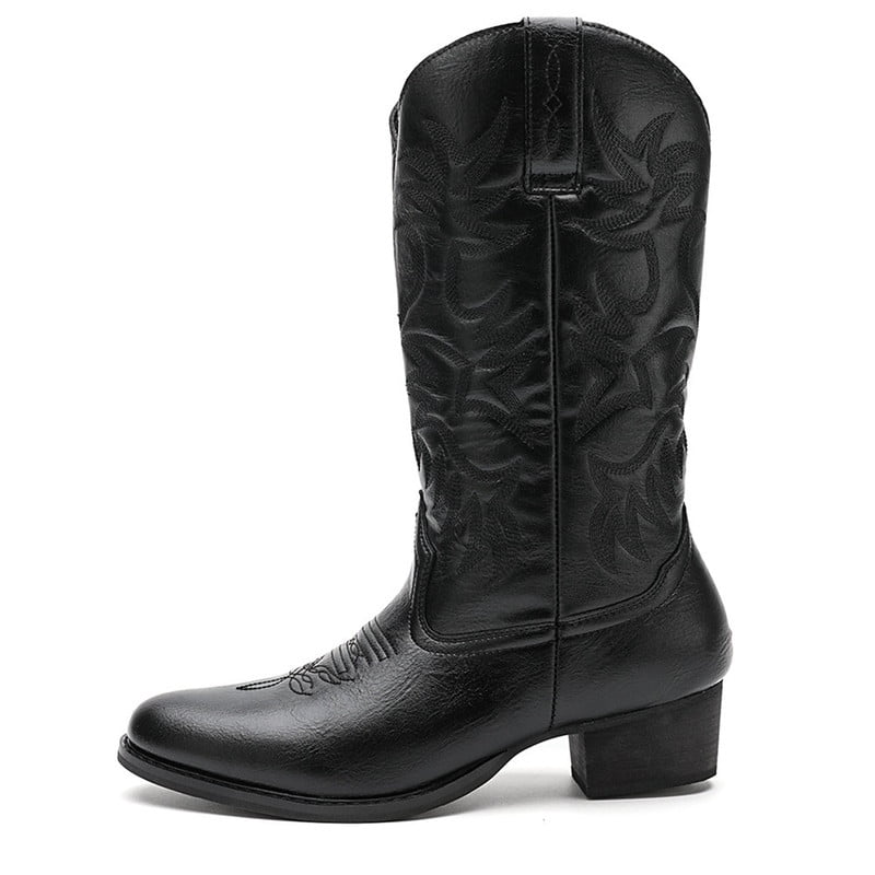 Men's Western Cowboy Boots-Mid-Cylinder Embroidered Pointed Square Toe ...