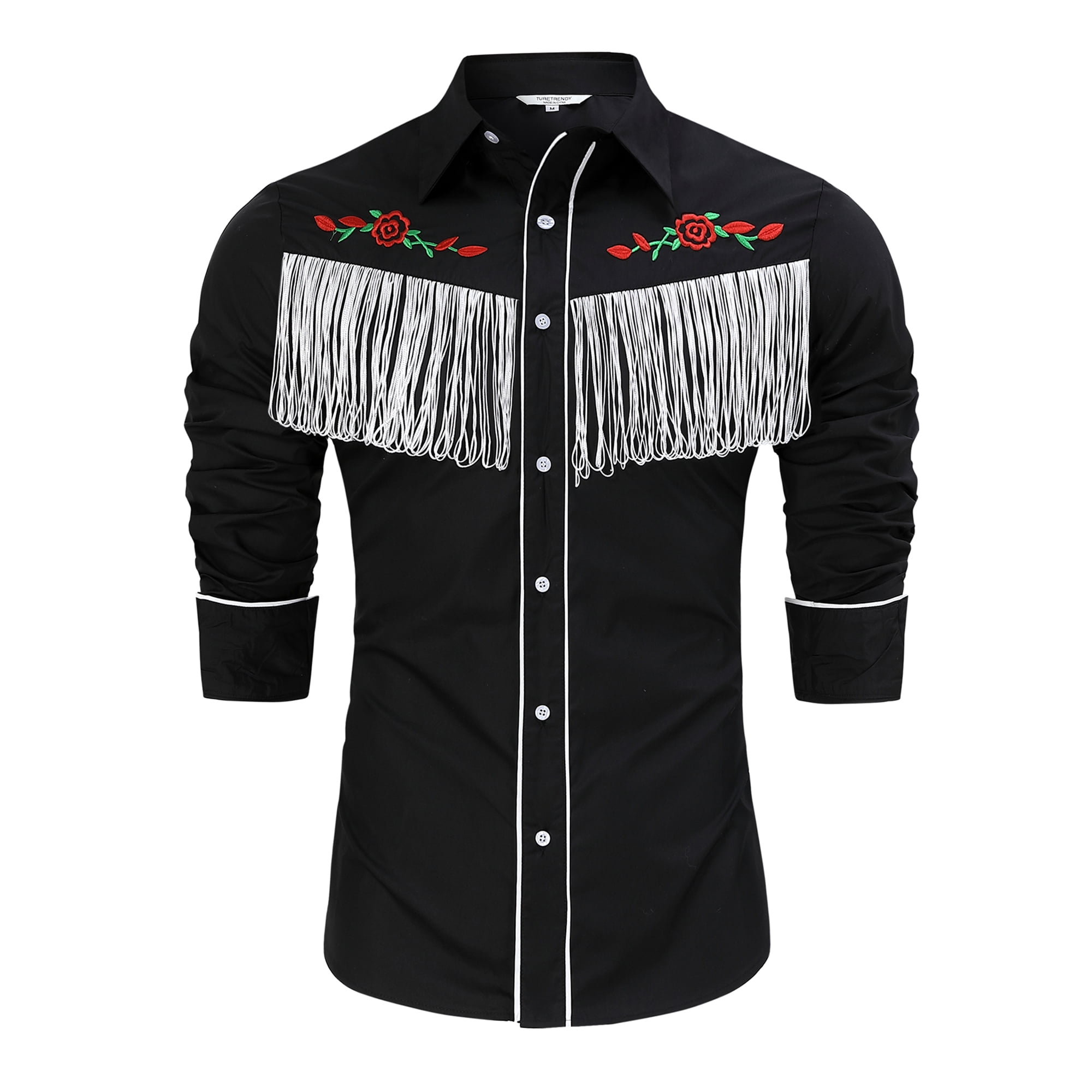Men's Western Cowboy Fringe Shirt Long Sleeve Rose Embroidered Slim Fit ...
