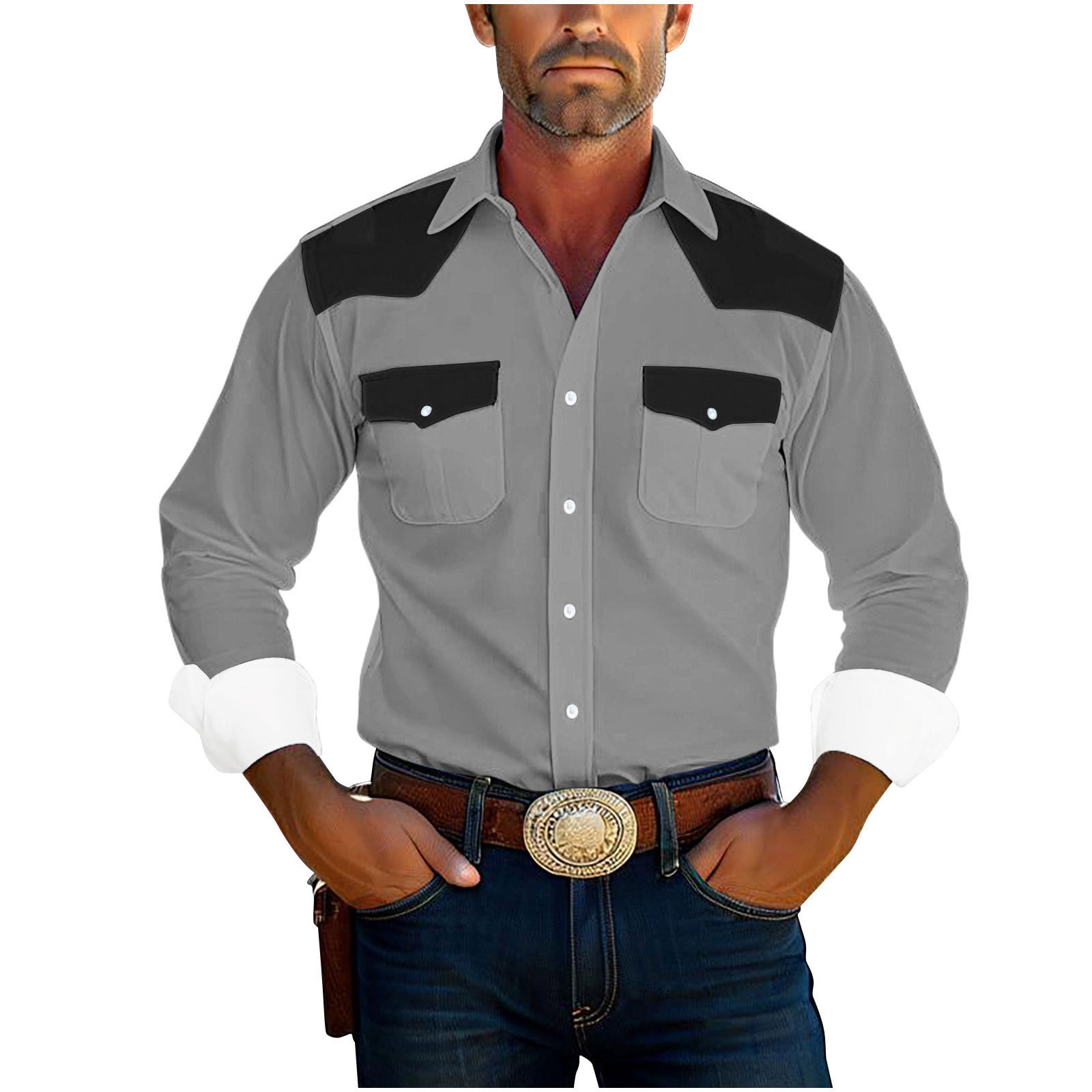 Men's Western Cowboy Long Sleeve Snap Shirts Vintage Color Block Print ...