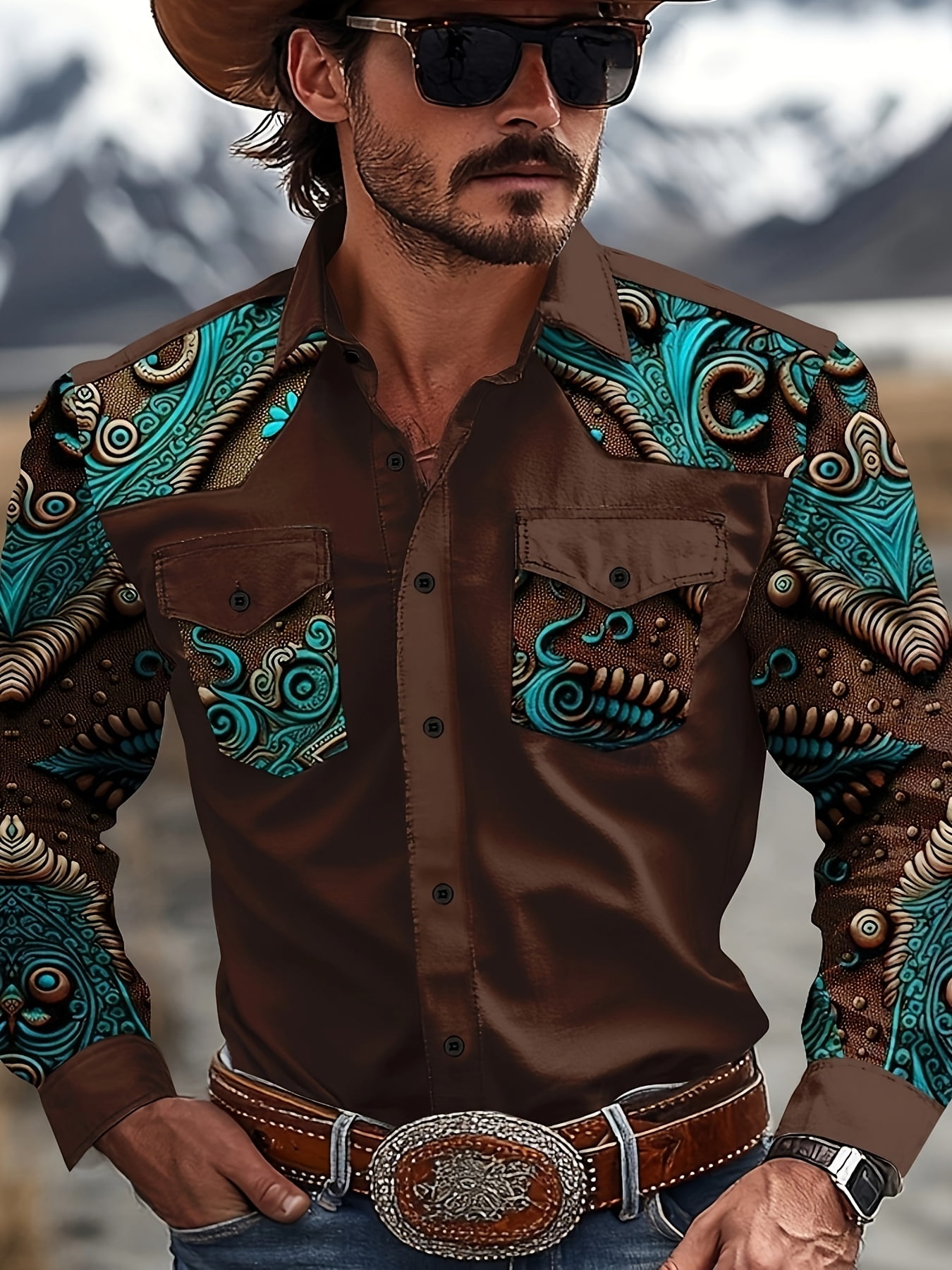 Men's Western Cowboy Shirt Embroidered Long Sleeve Casual Button Down ...