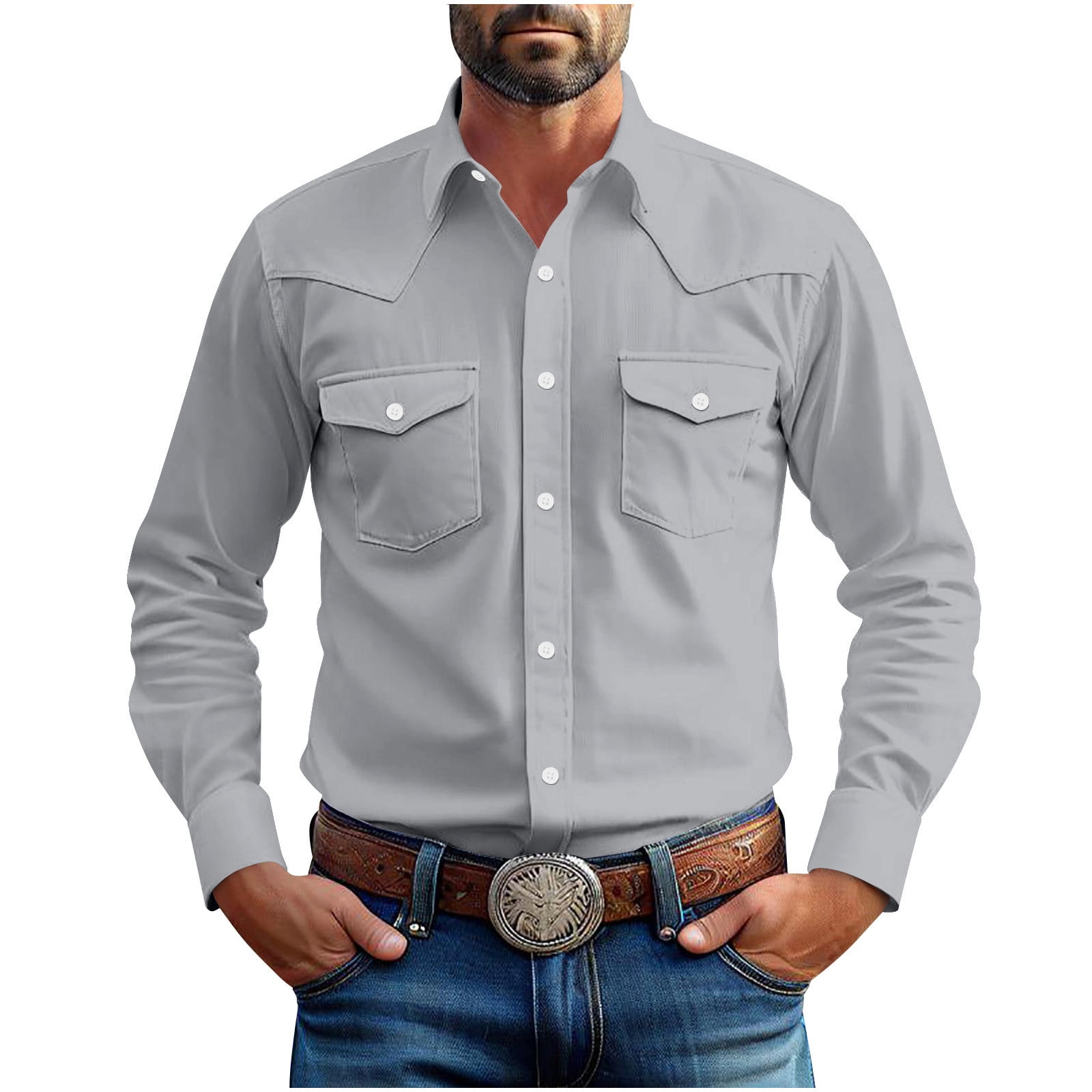 Men's Western Cowboy Shirts Button Down Solid Color Long Sleeve Jacket ...